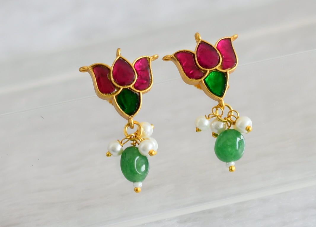 Matte finish pink-green lotus kundan jadau earrings dj-48690 – dreamjwell