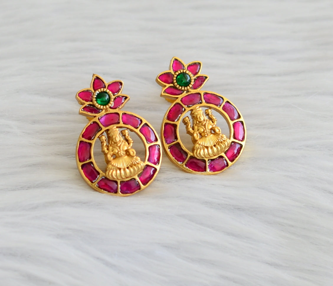 Matte finish pink-green kundan jadau lakshmi earrings dj-45262 – dreamjwell