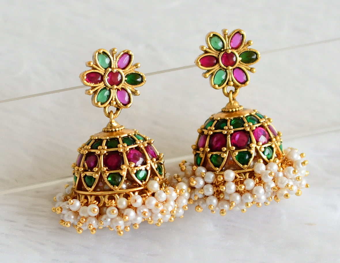 Matte finish kemp-green stone pearl cluster flower jhumkka dj-50521 – dreamjwell