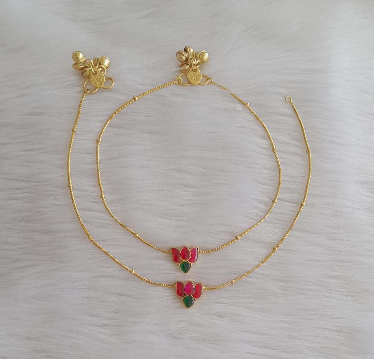 Antique Gold tone pink-green lotus kundan jadau anklets dj-43350 – dreamjwell