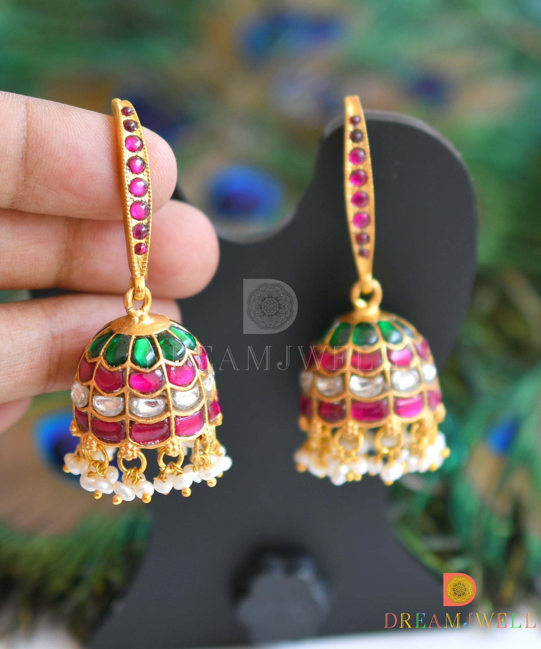 Gold tone pink-green-white kundan jadau jhumkka dj-36312 – dreamjwell