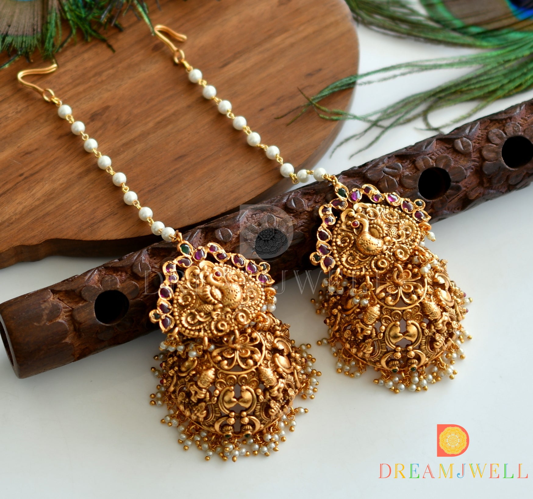 Matte finish kemp-green huge lakshmi jhumkka with pearl ear chain dj-3 – dreamjwell