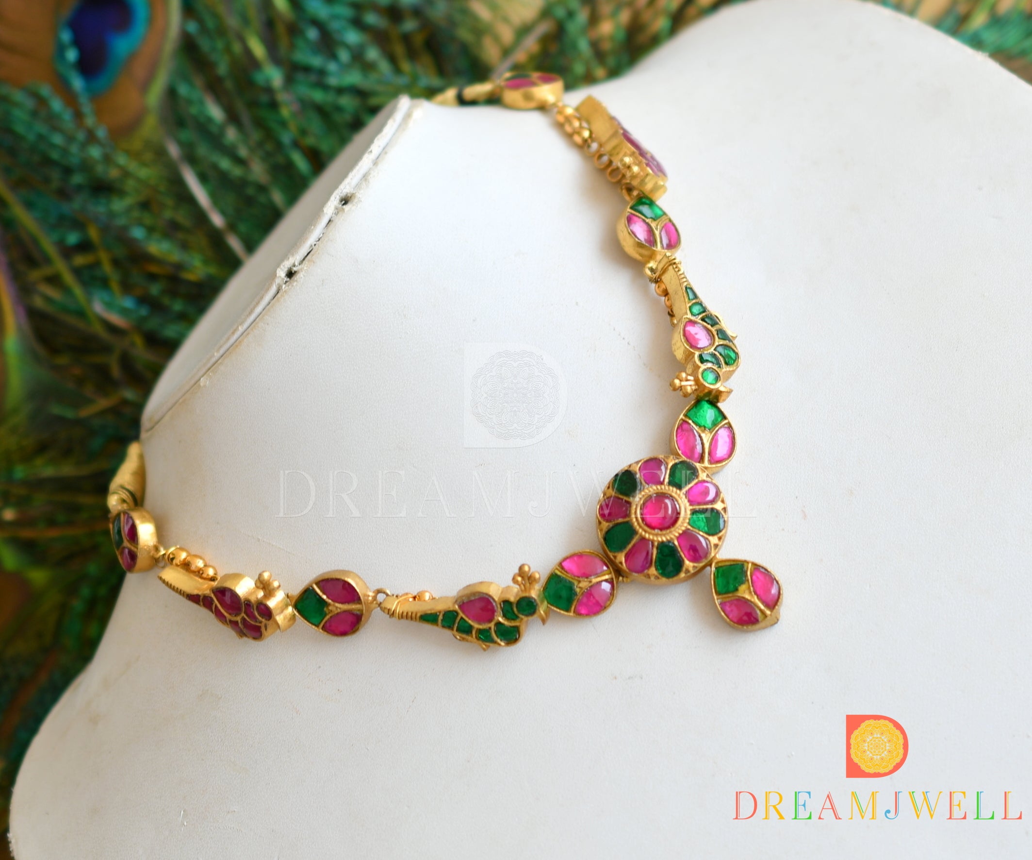 Gold tone pink-green kundan jadau peacock designer necklace dj-36577 – dreamjwell