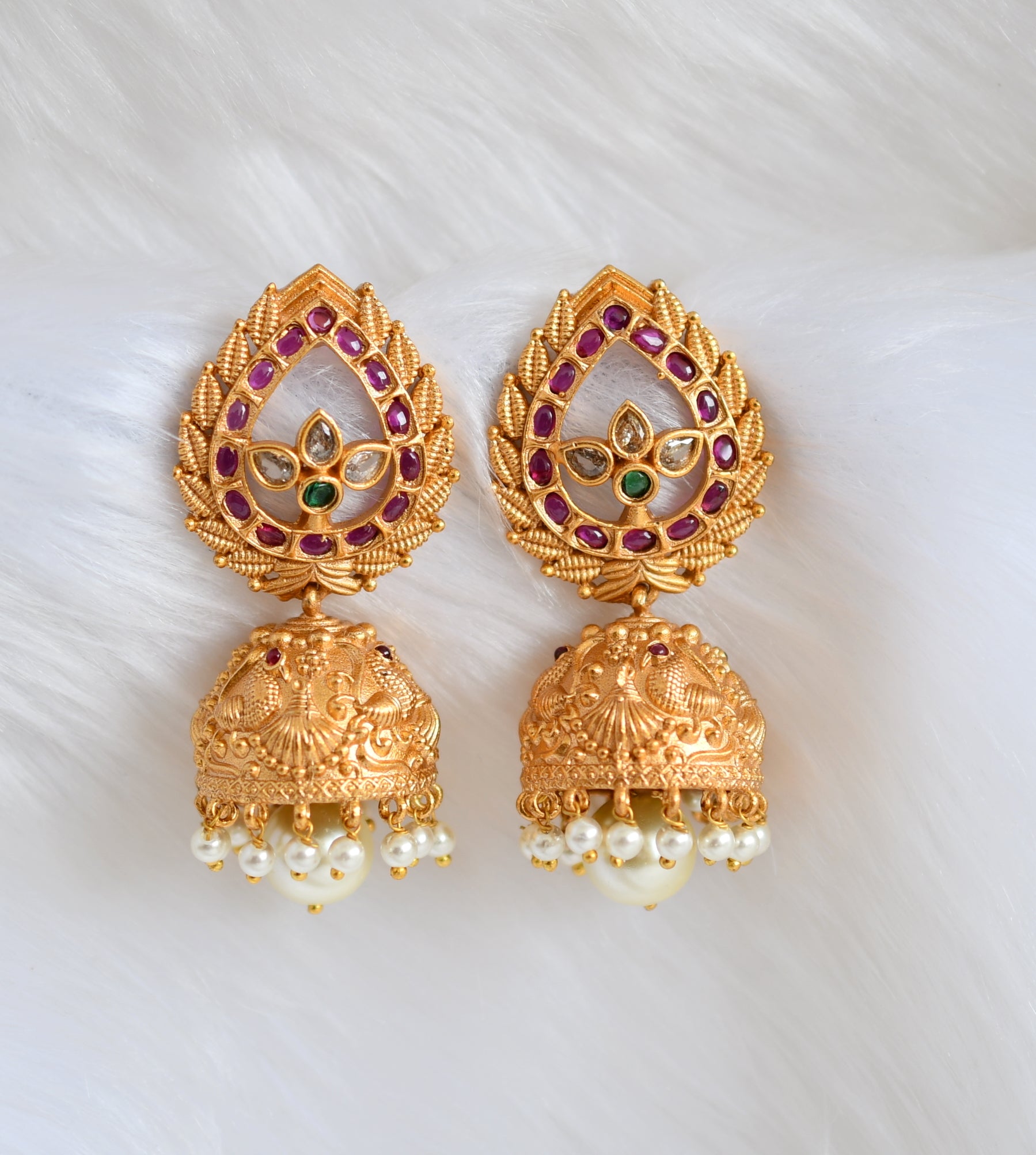 Matte finish kemp-green-white peacock jhumkka dj-39002 – dreamjwell