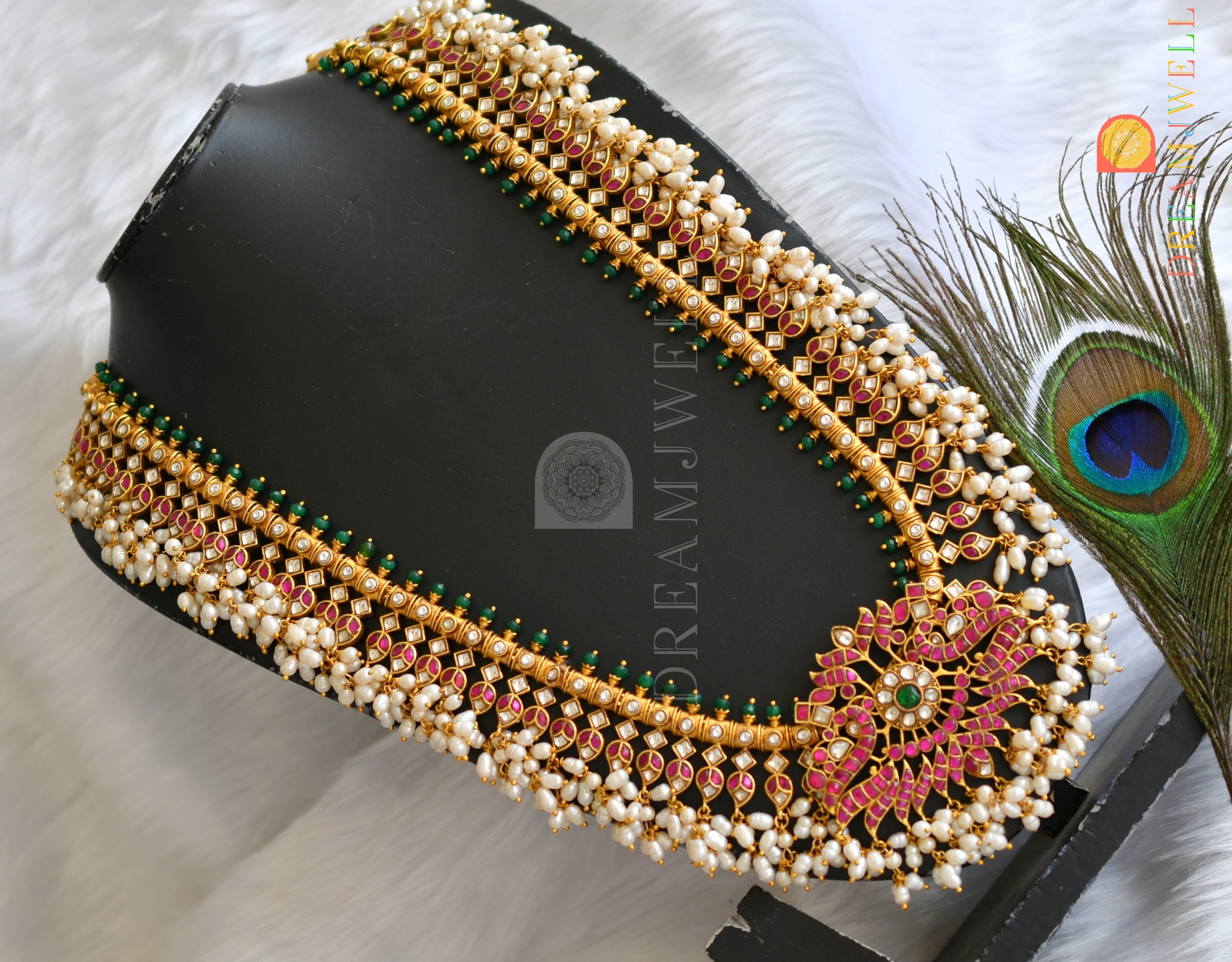 Gold tone pink-green-white kundan jadau peacock-mango gutta pusalu haa – dreamjwell