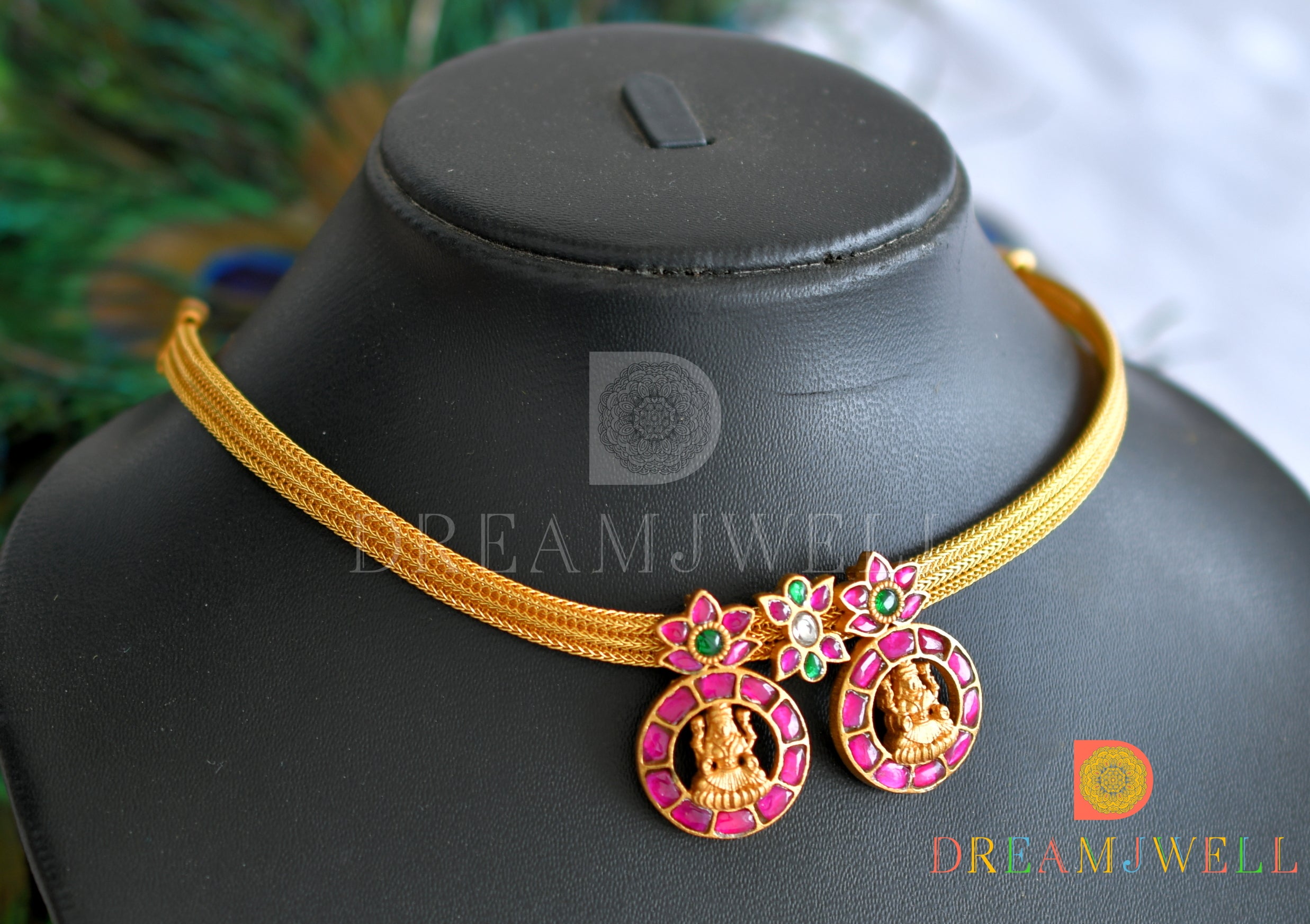 DREAMJWELL - Gold look alike pink-green kundan jadau Lakshmi designer – dreamjwell