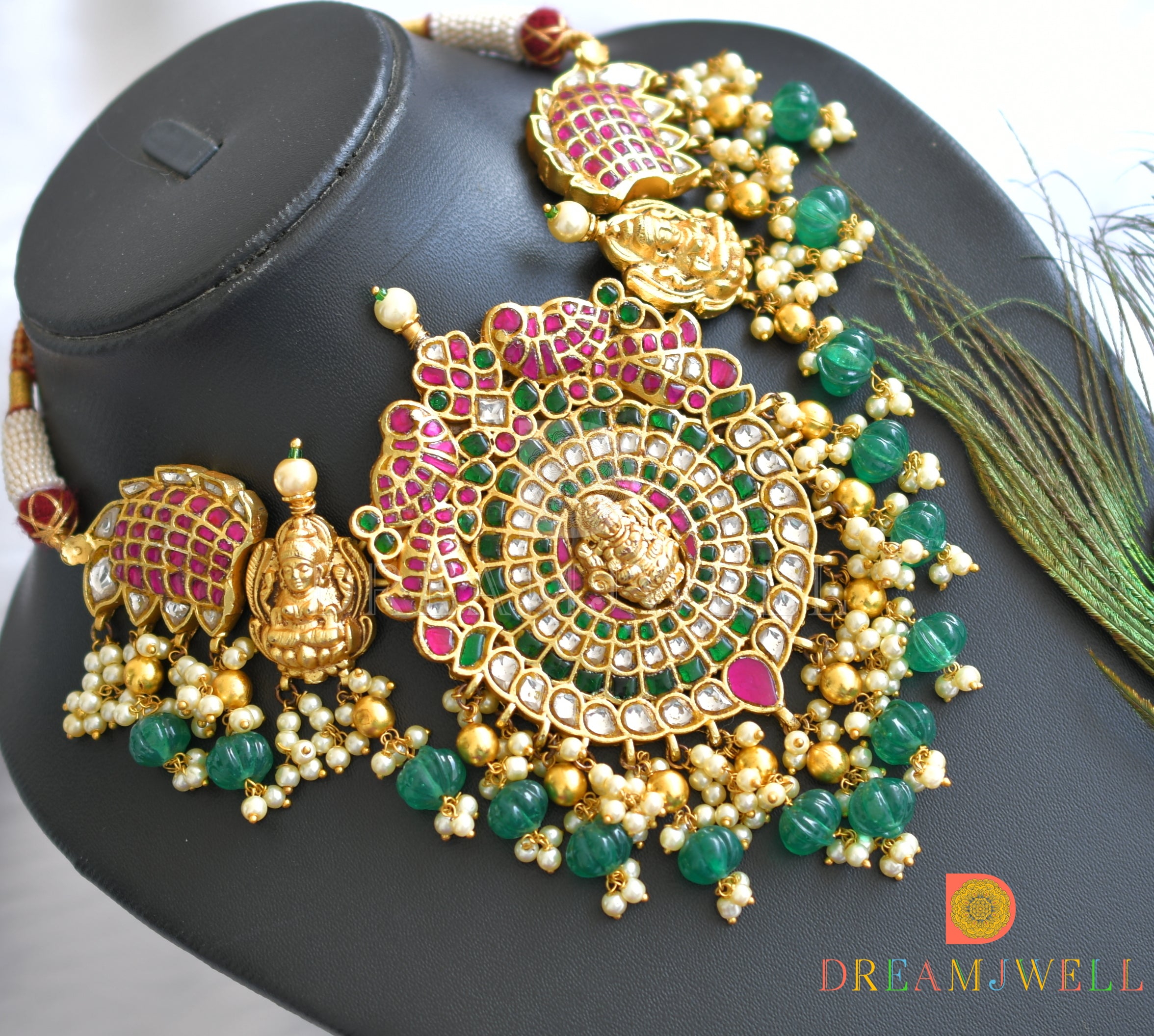 Gold tone pink-green-white kundan jadau Lakshmi-peacock necklace dj-37 – dreamjwell