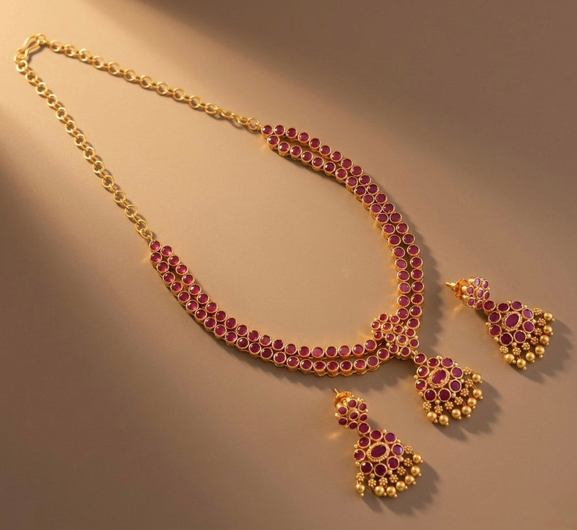 Matte finish ruby double layer attigai/necklace set dj-53182 – dreamjwell
