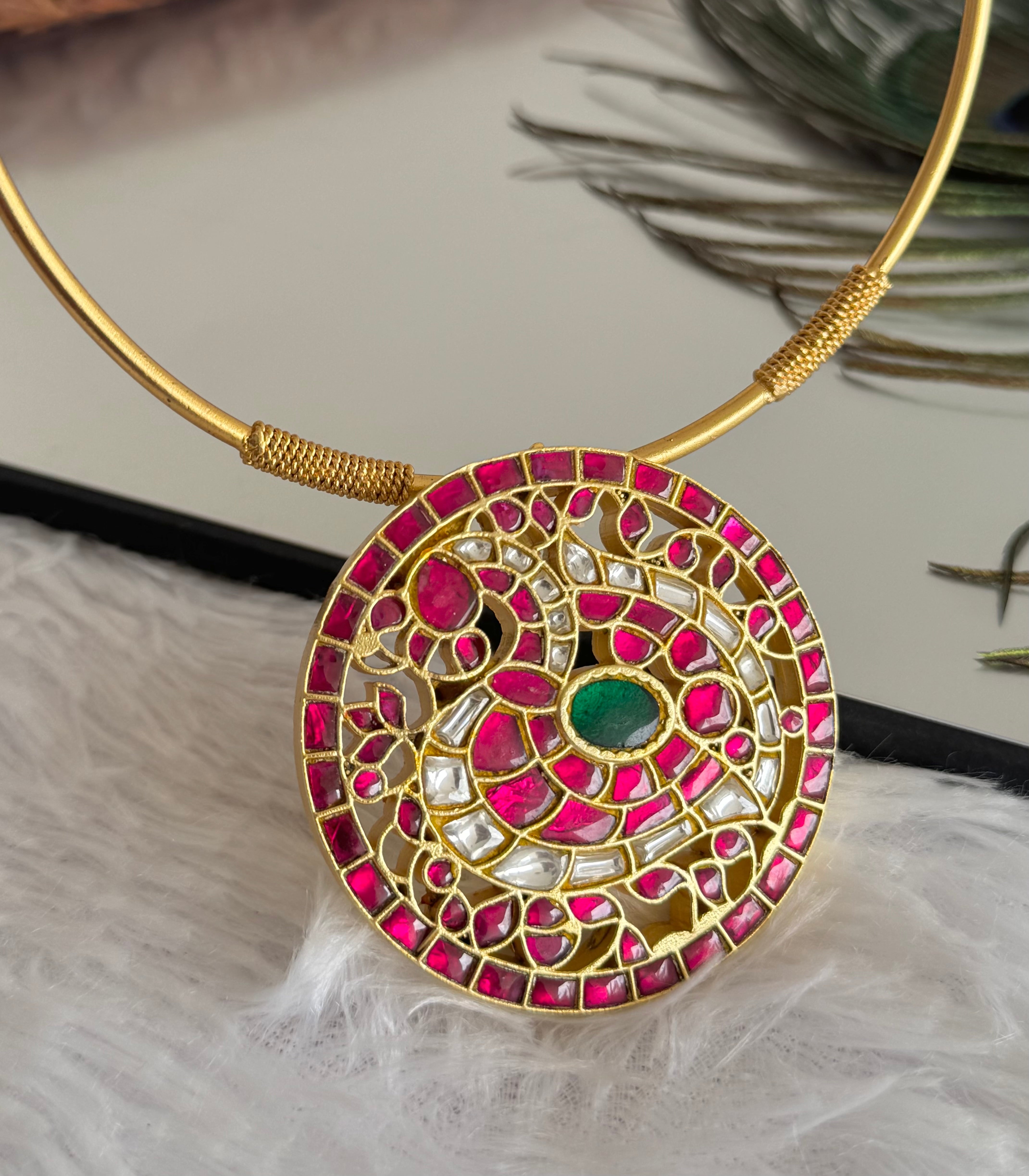 Matte finish pink-green-white kundan jadau round hasli peacock necklac ...