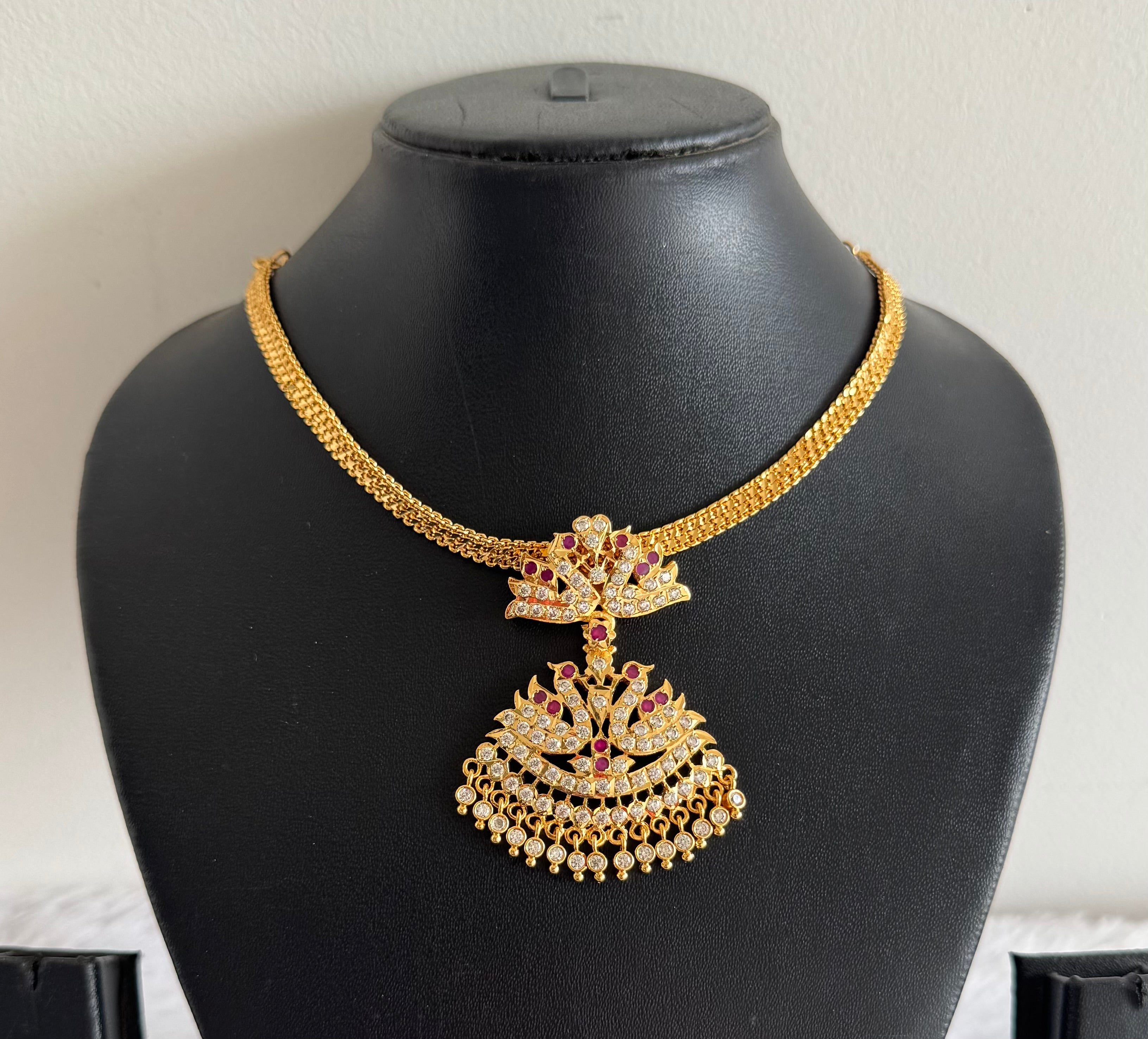 Gold tone South Indian style AD white-ruby swan attigai/necklace dj-52 ...