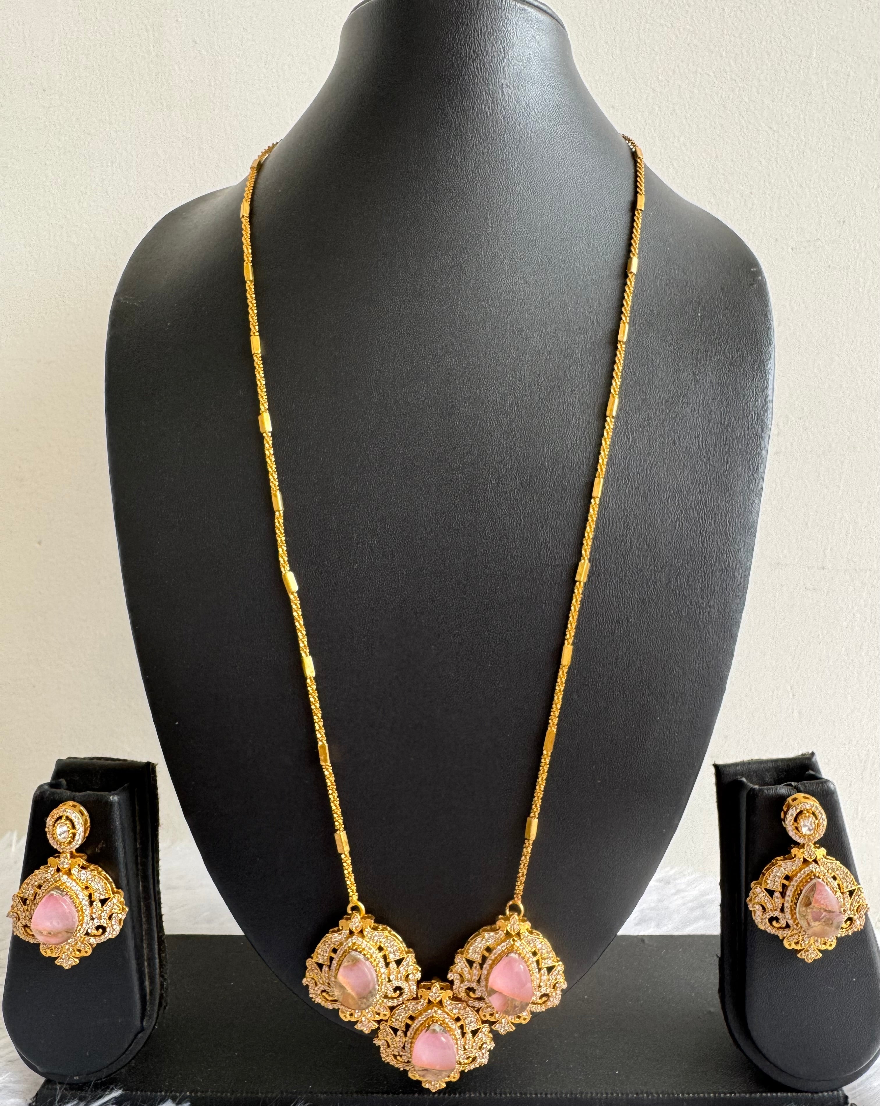 Antique gold tone baby pink-gold fire-stone long chain set dj-51096 ...