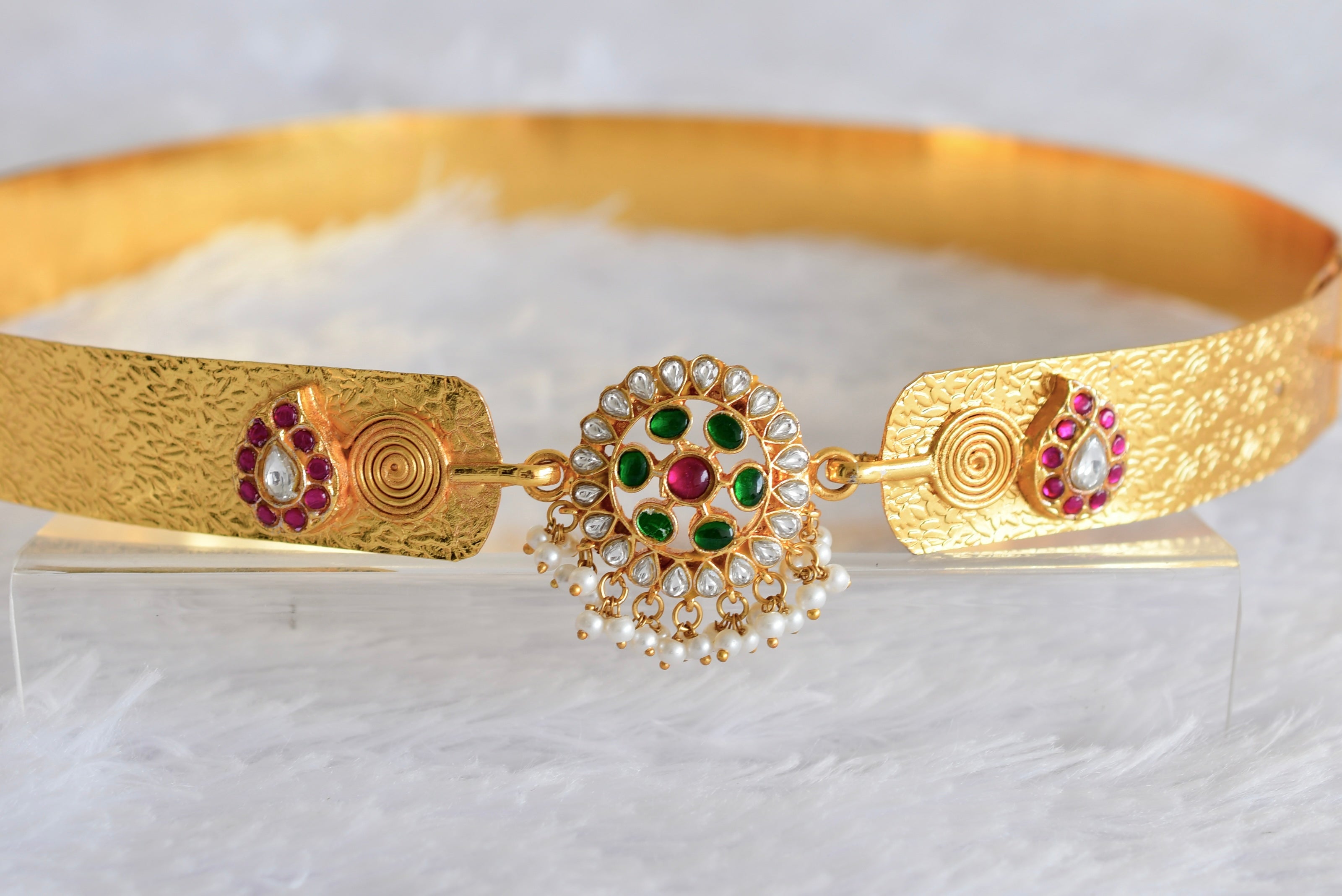 Gold tone pink-green-white kundan jadau round mango waist band dj-5217 ...
