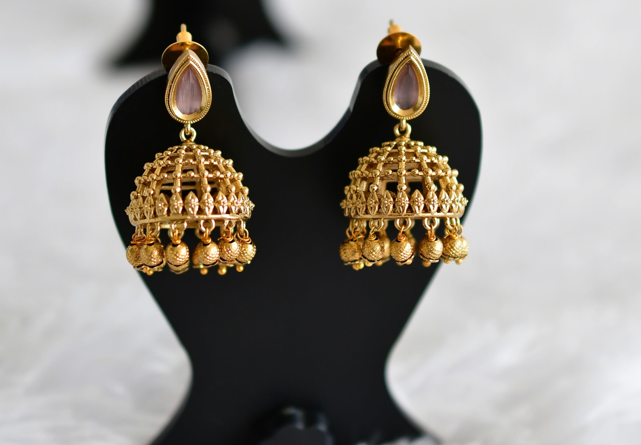 Antique gold tone baby pink thilak stone pearl jhumkka dj-51850 ...