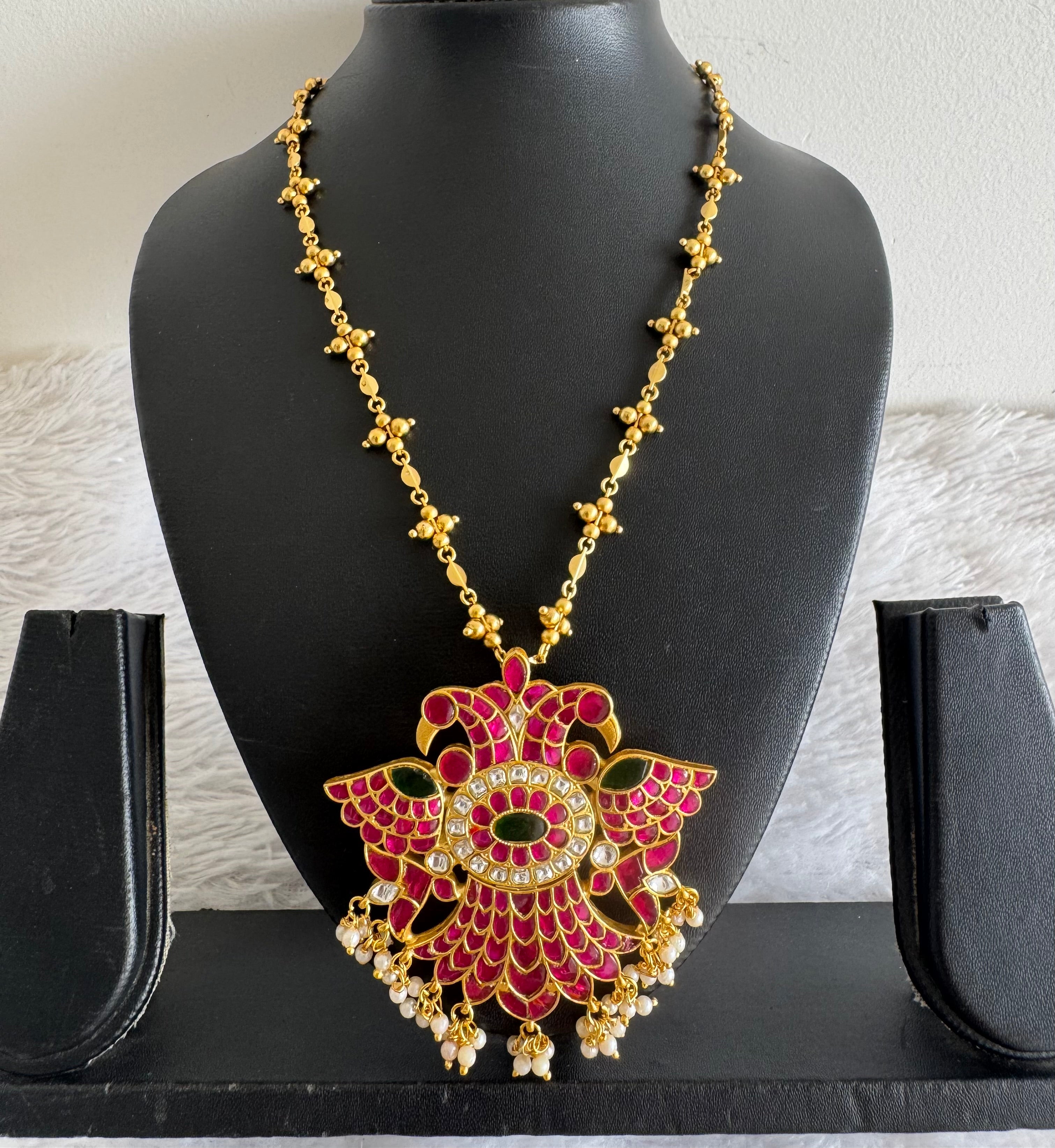 Matte finish pink-green kundan jadau Ganda berunda necklace dj-51539 ...