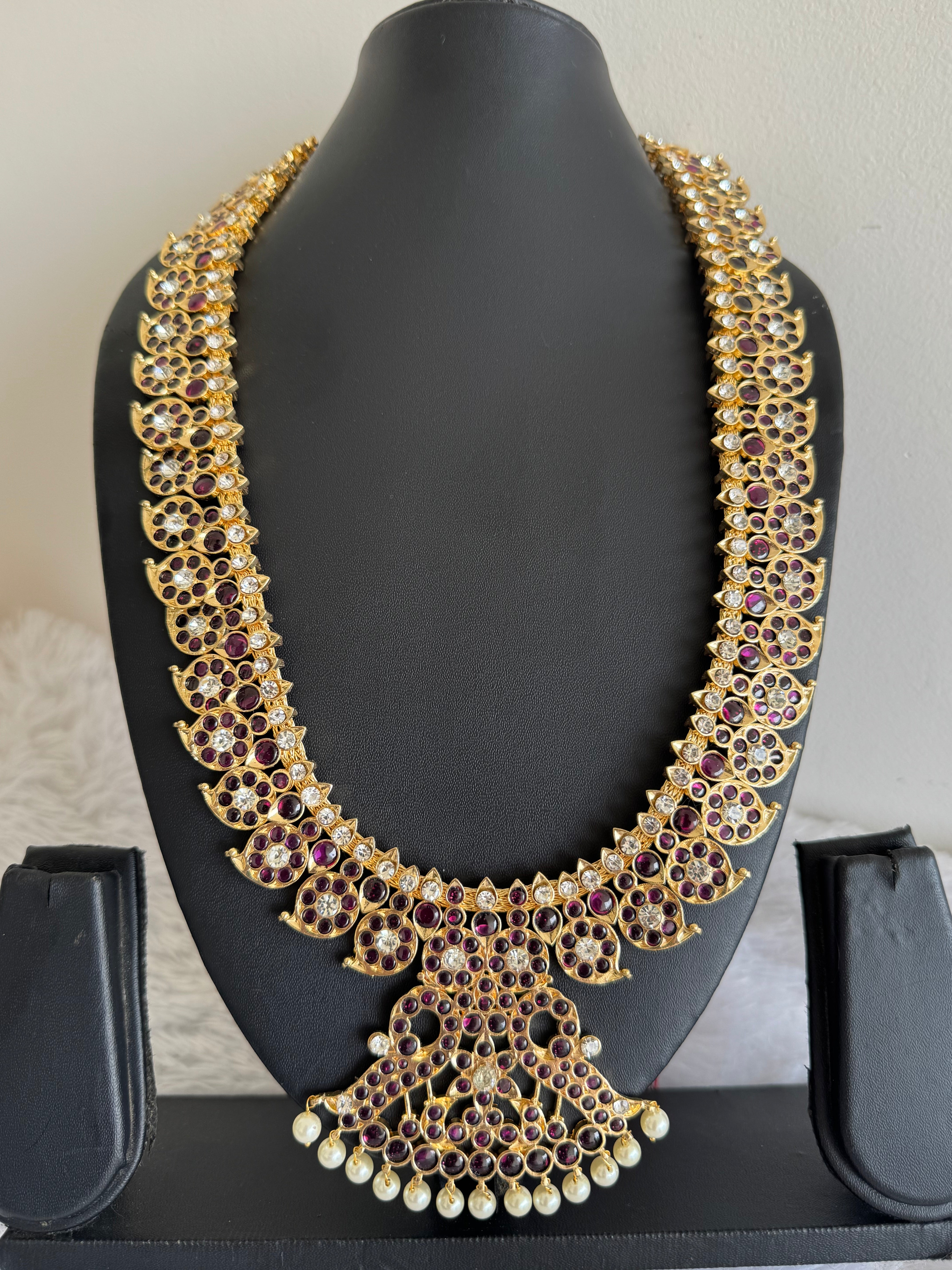 Gold tone precious kemp-white pearl mango peacock haar dj-51701 ...