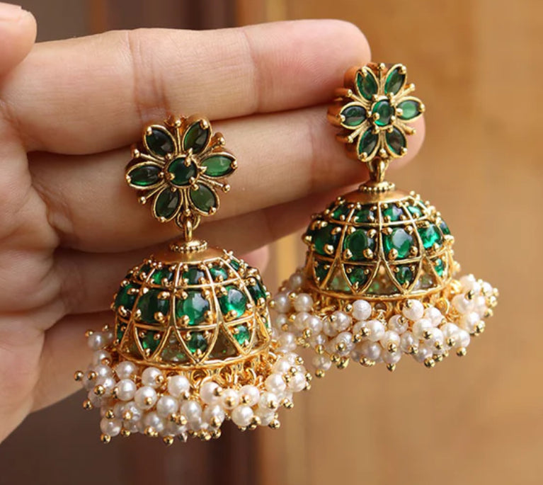 Matte finish green stone pearl cluster flower jhumkka dj-50520 – dreamjwell