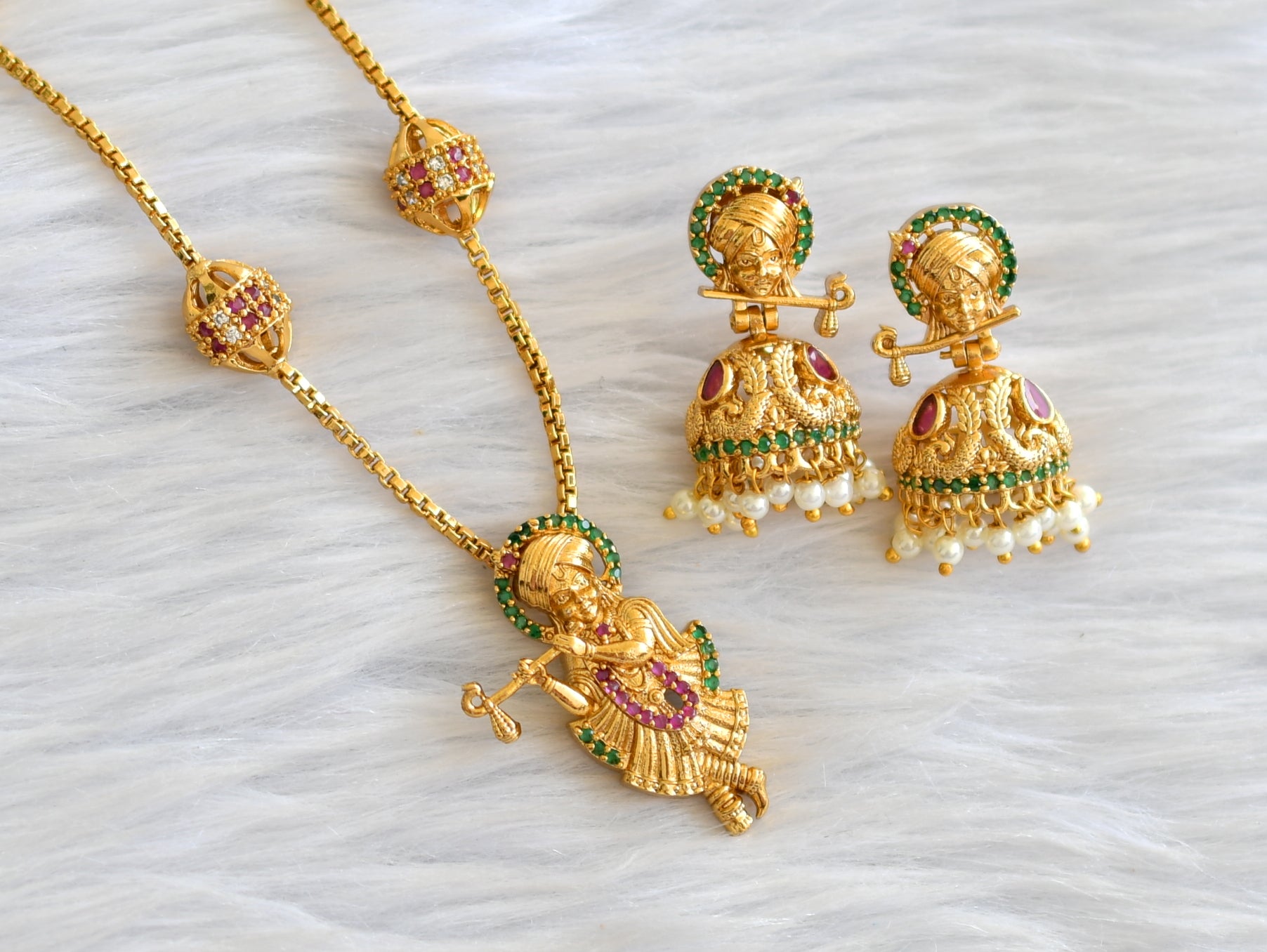Matte finish ruby-green krishna pendant with ball chain set dj-43404 ...