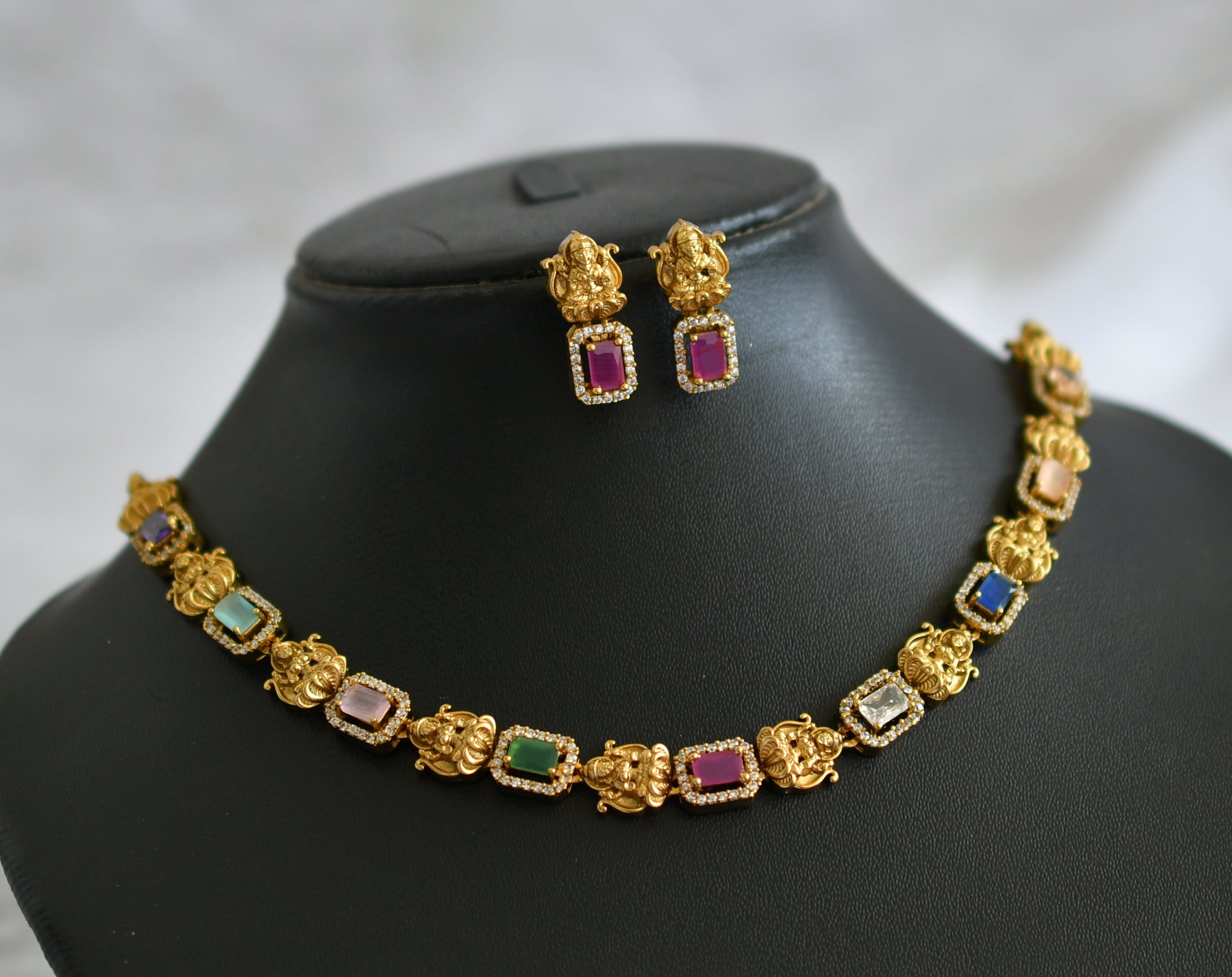 Matte finish cz multi color block stone lakshmi necklace set dj-47005 ...