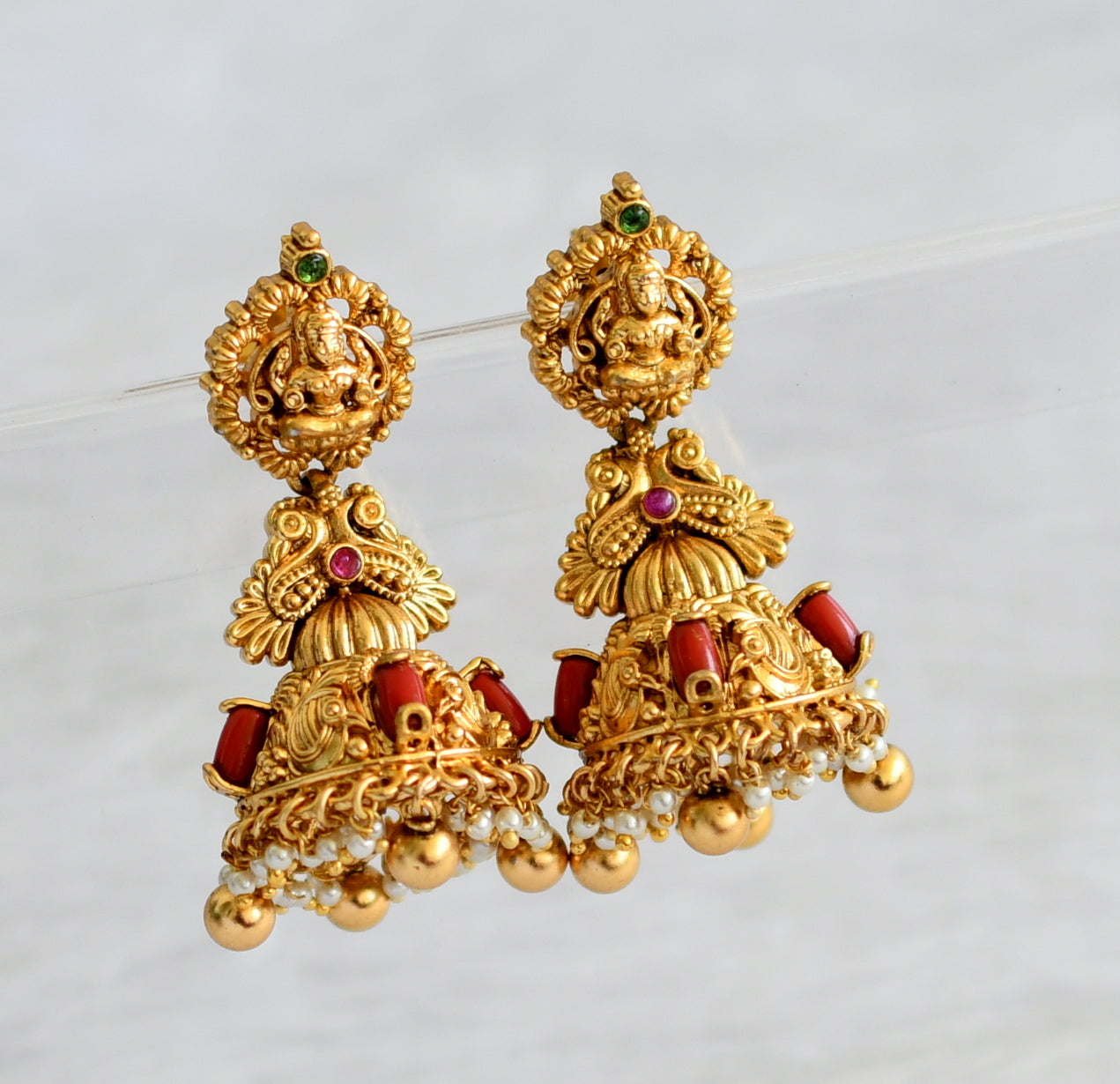 Matte finish kemp-green-coral stone lakshmi peacock jhumkka dj-47086 ...