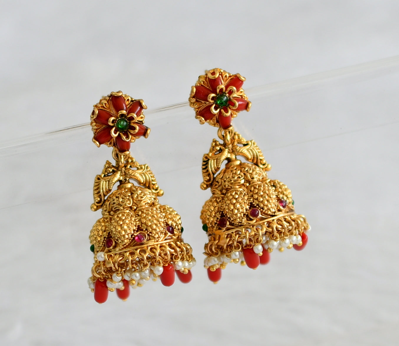 Matte finish kemp-green coral pearl mango-peacock-flower nakshi jhumkk ...