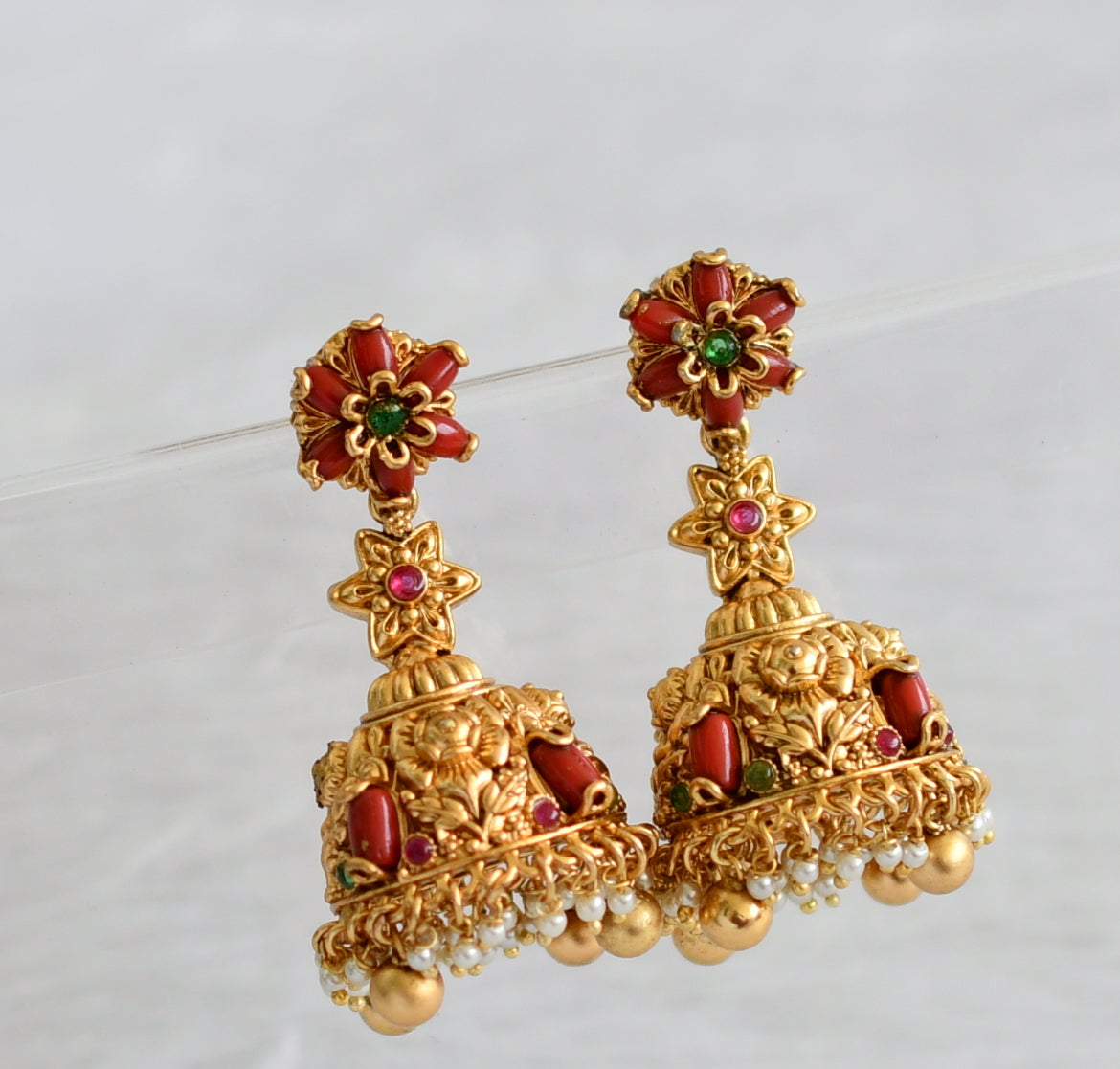 Matte finish kemp-green coral pearl flower jhumkka dj-47088 – dreamjwell