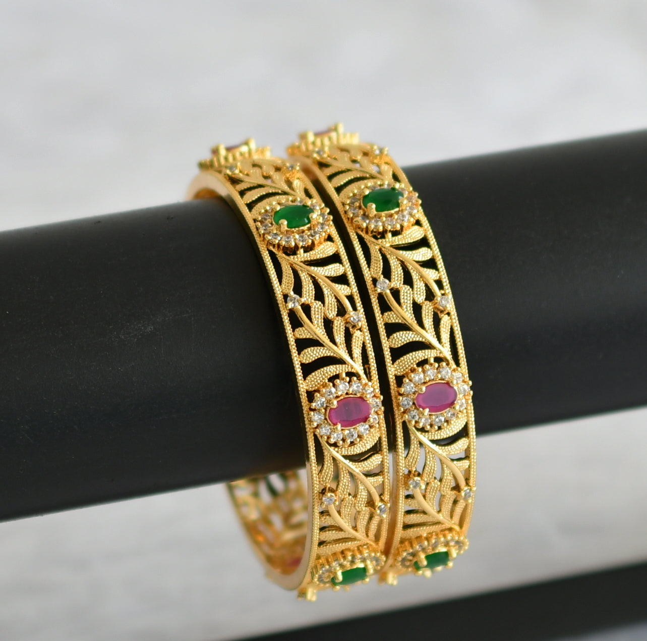Gold tone ruby-green-white oval stone leaf bangles(2.4) dj-50966 ...