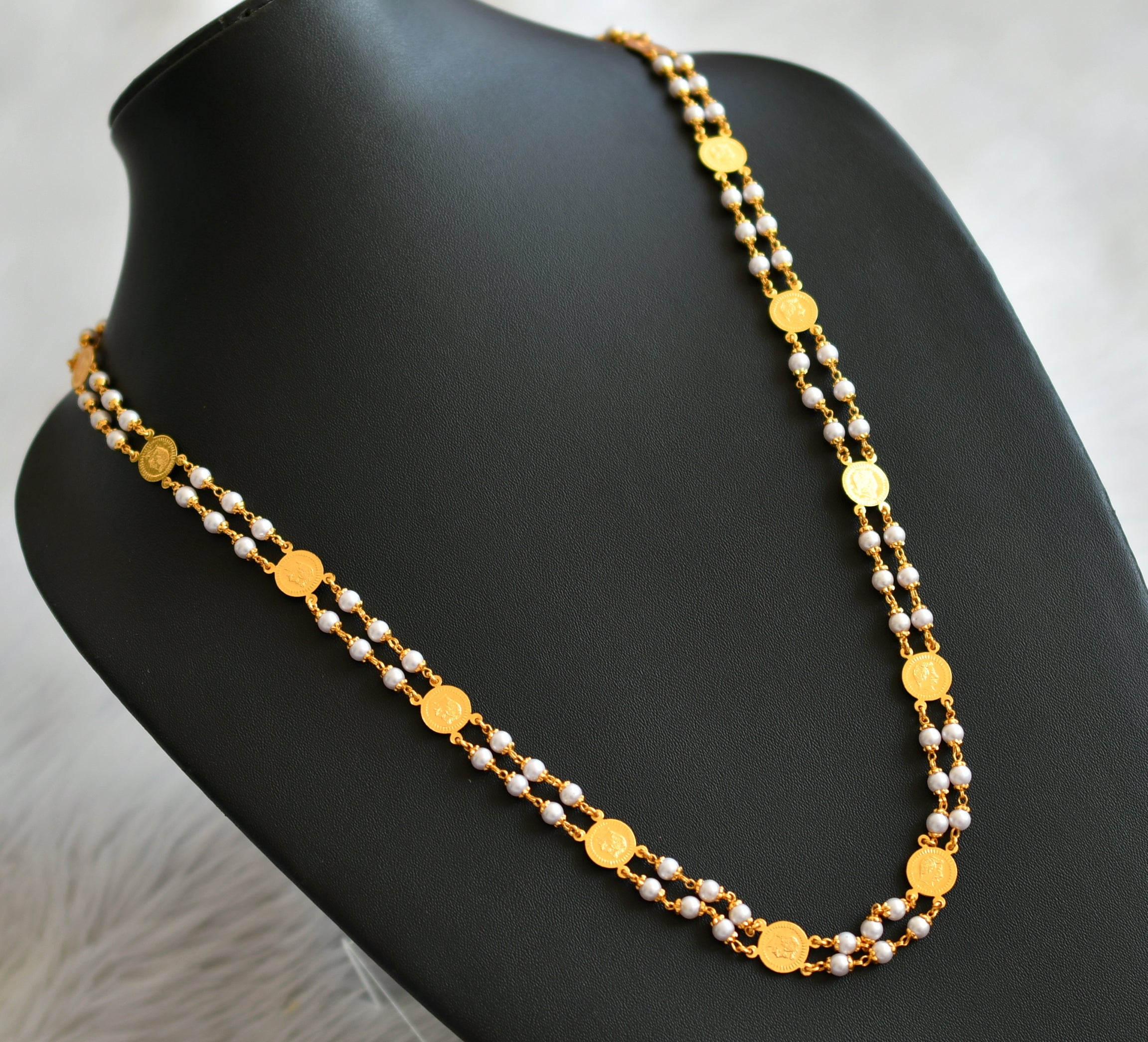 Gold tone 24 inches pearl double layer head coin chain dj-45527 ...