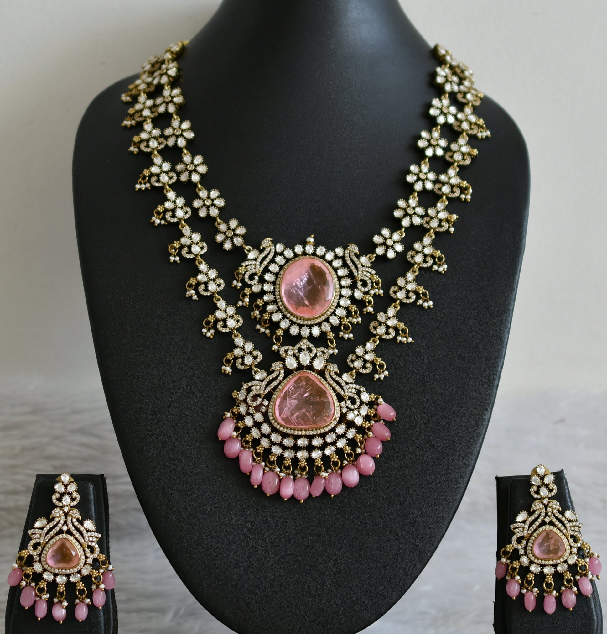 Antique cz white-baby pink double layer flower victorian short haar se ...