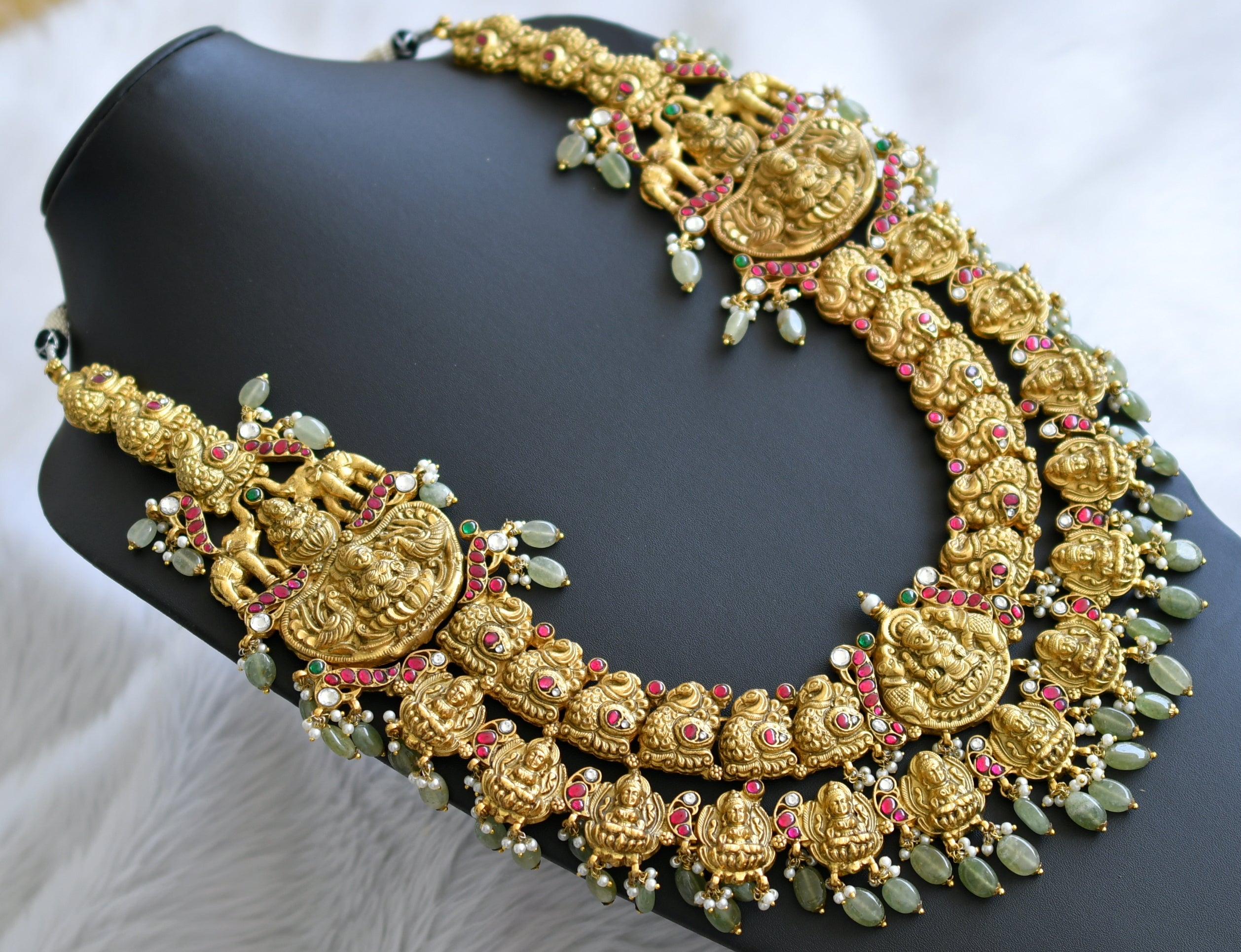 Antique gold look alike pink-green-white kundan jadau lakshmi peacock – dreamjwell