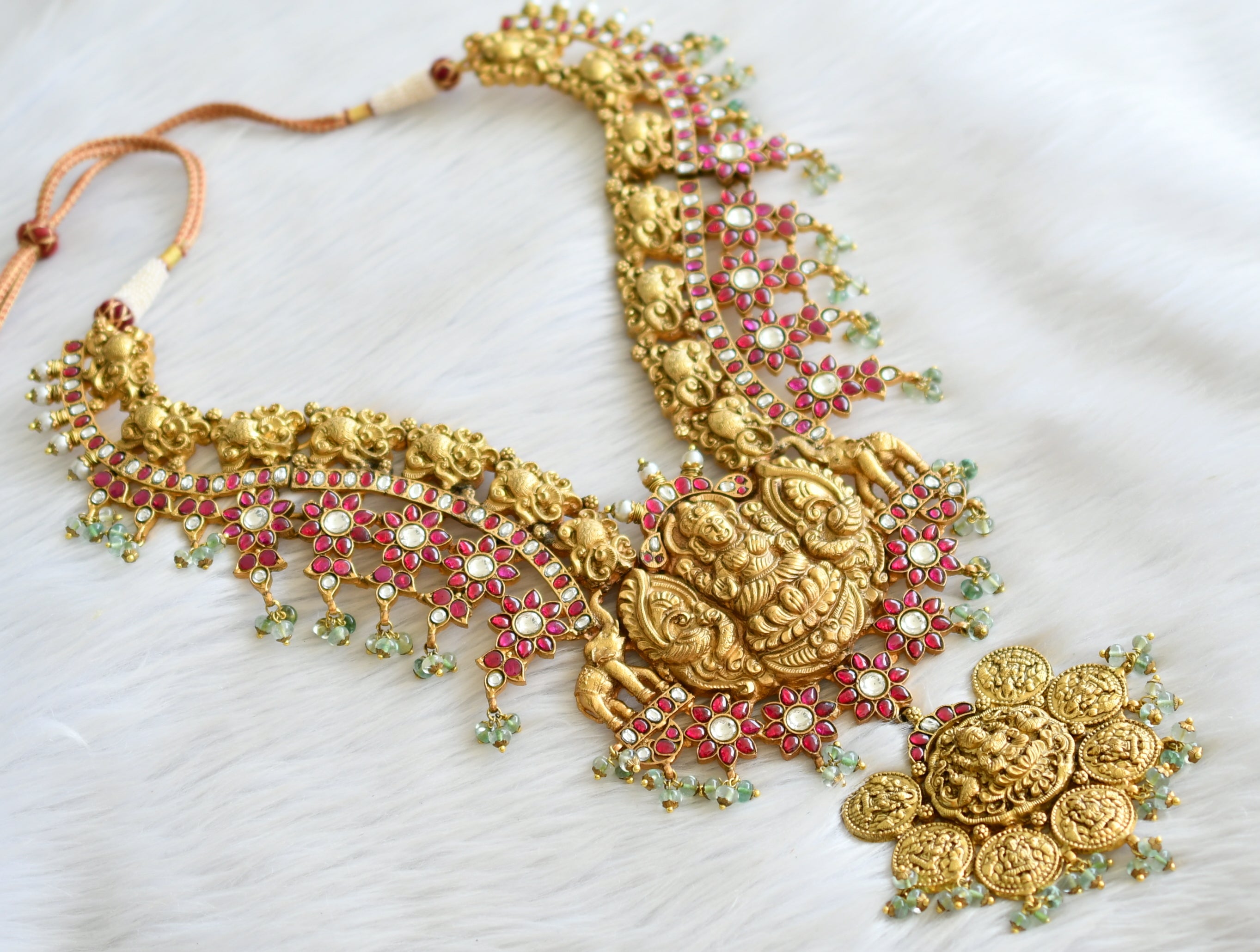 Antique gold look alike pink-white kundan jadau lakshmi flower peacock – dreamjwell