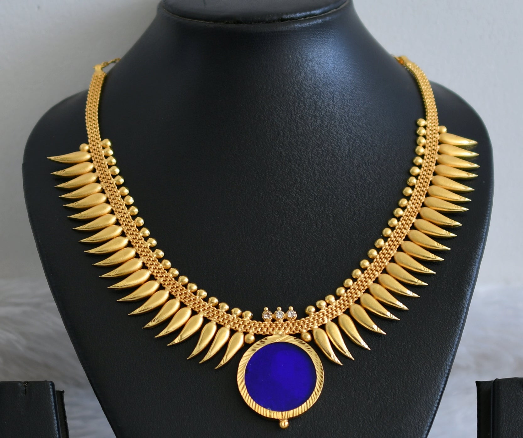 Gold tone kerala style blue round mulla mottu necklace dj-49114 ...