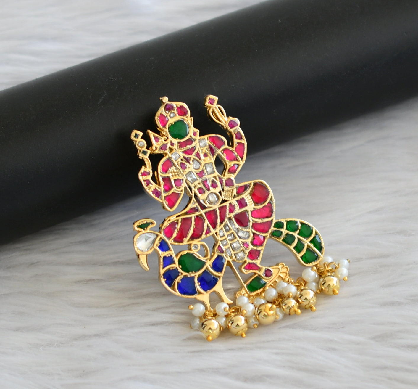 Gold tone pink-green-white-blue kundan jadau peacock Karthikeyan penda – dreamjwell