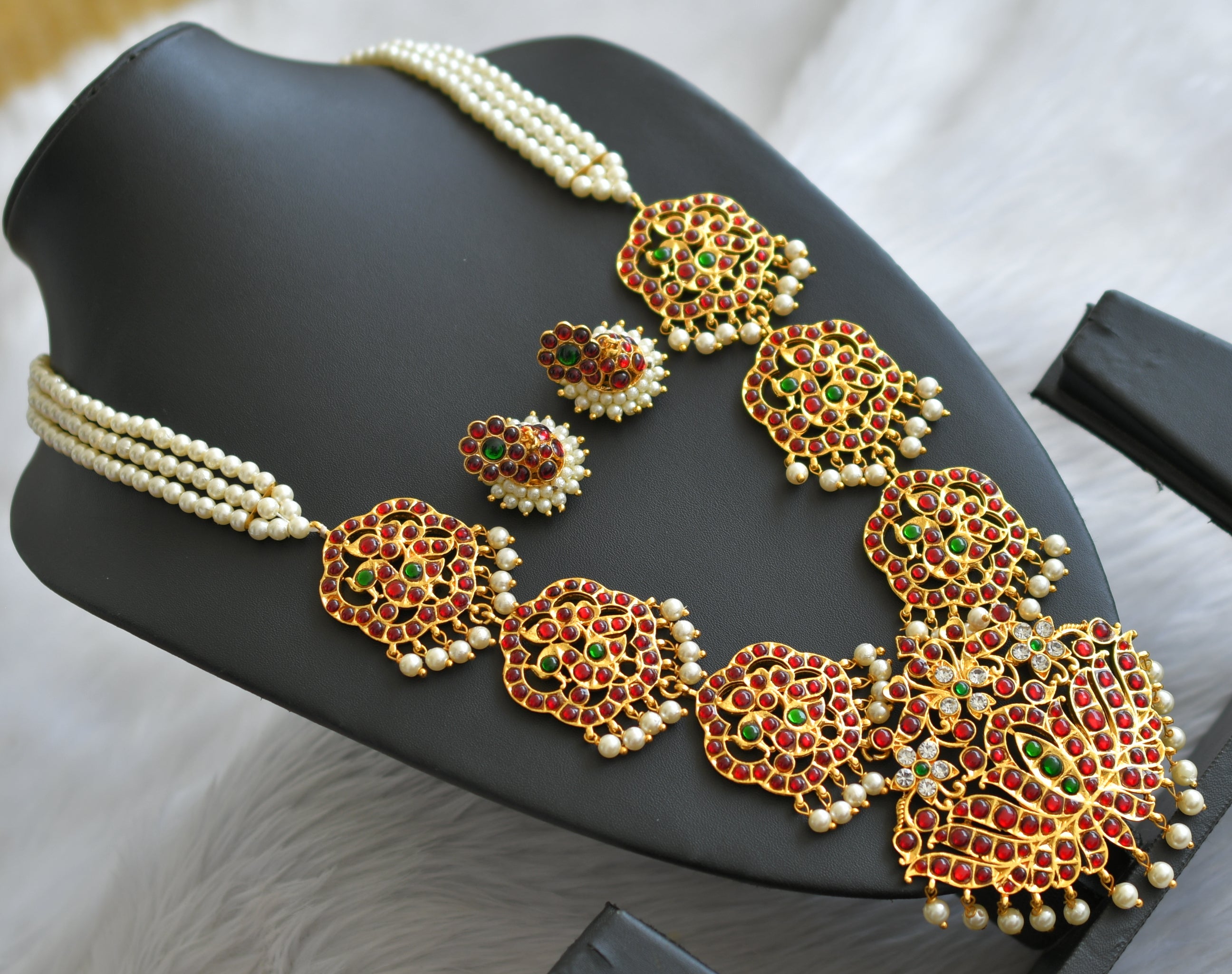 Gold tone kemp-green-white lotus peacock pearl haar set dj-45738 ...