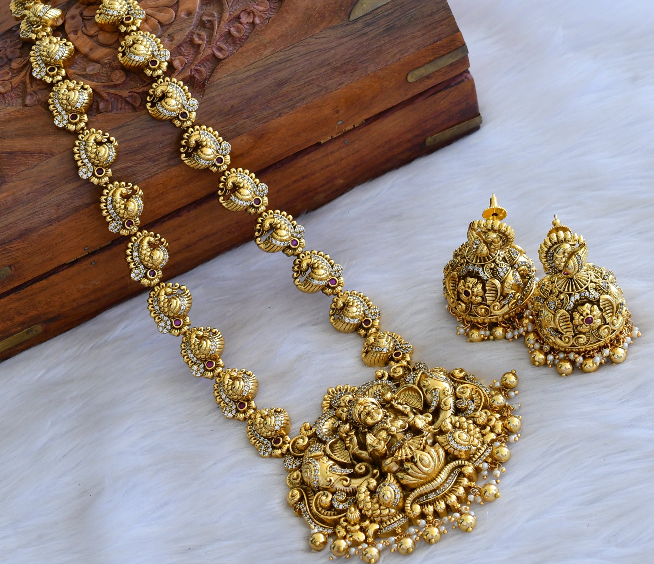 Antique gold look alike Cz Lakshmi peacock haar set dj-42701 – dreamjwell
