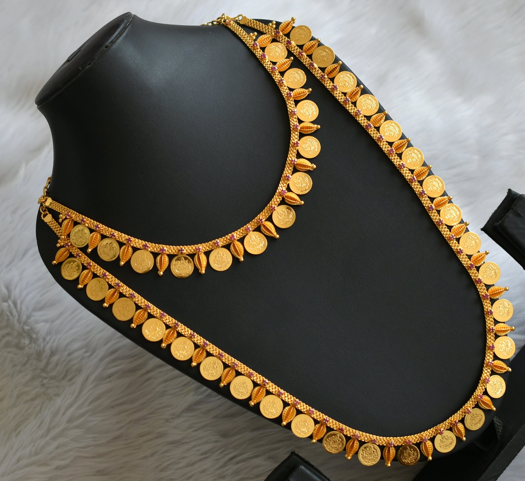 Gold tone kerala style ruby stone lakshmi coin combo haar set dj-45839 ...