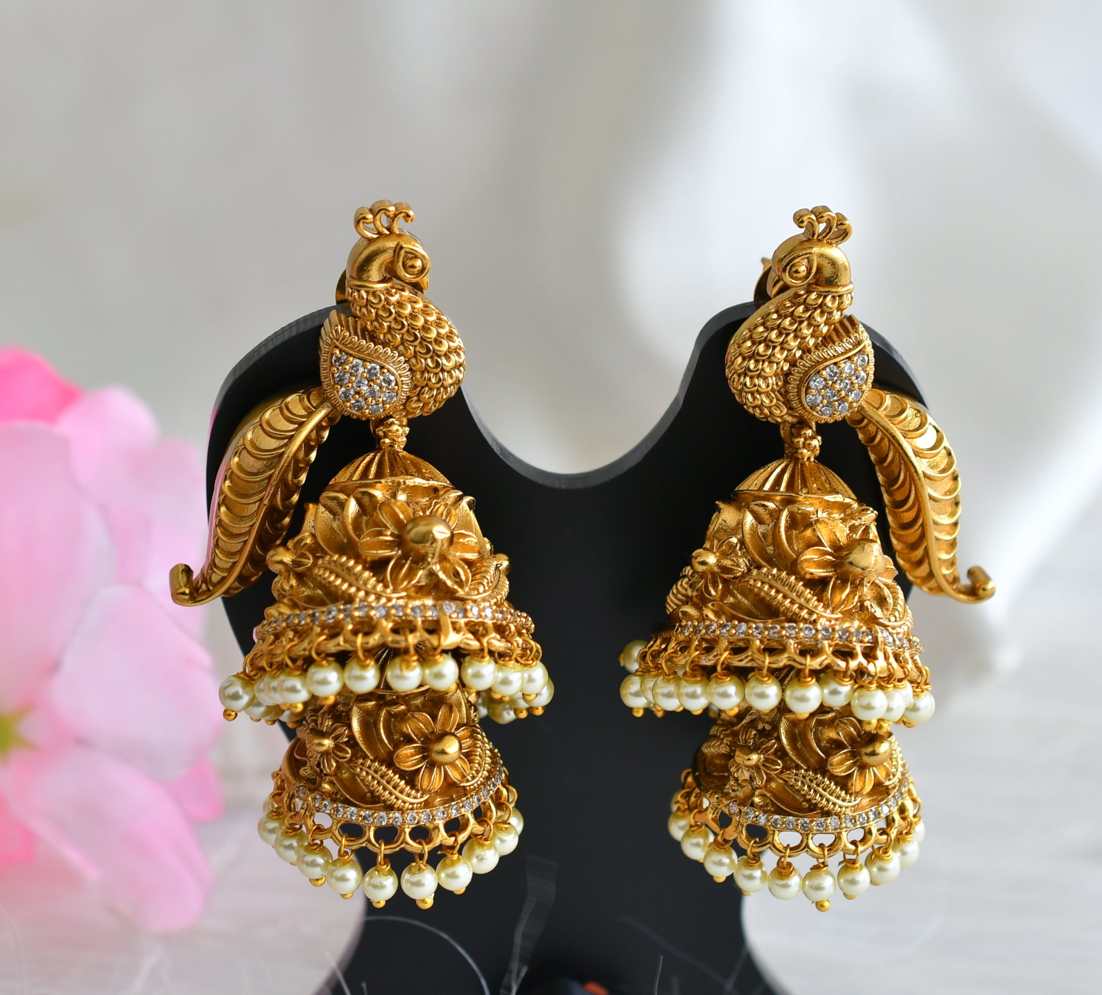 Matte finish cz white peacock flower step jhumkka dj-44076 – dreamjwell