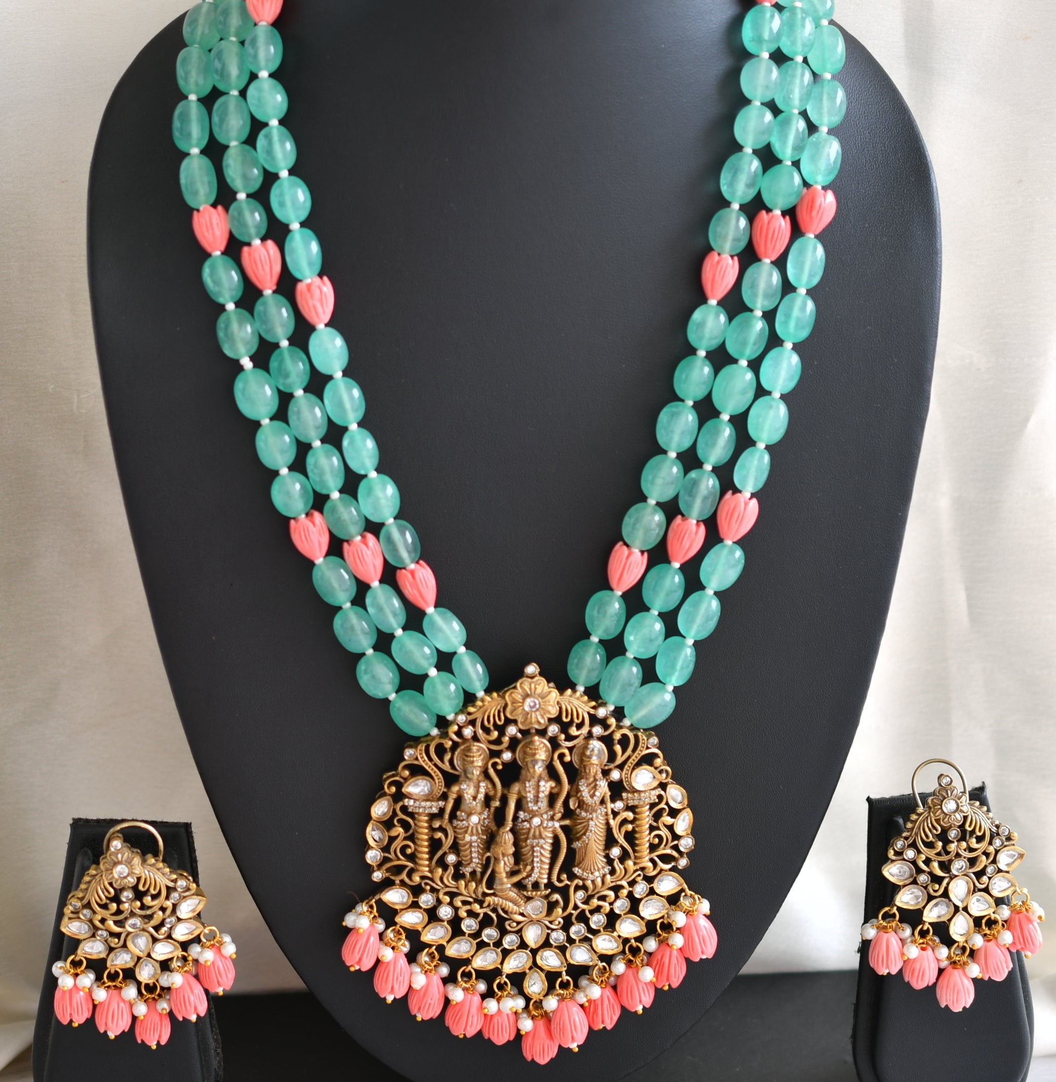 Antique cz sea green-tulip beaded Ram Parivar Victorian haar set dj-42 ...