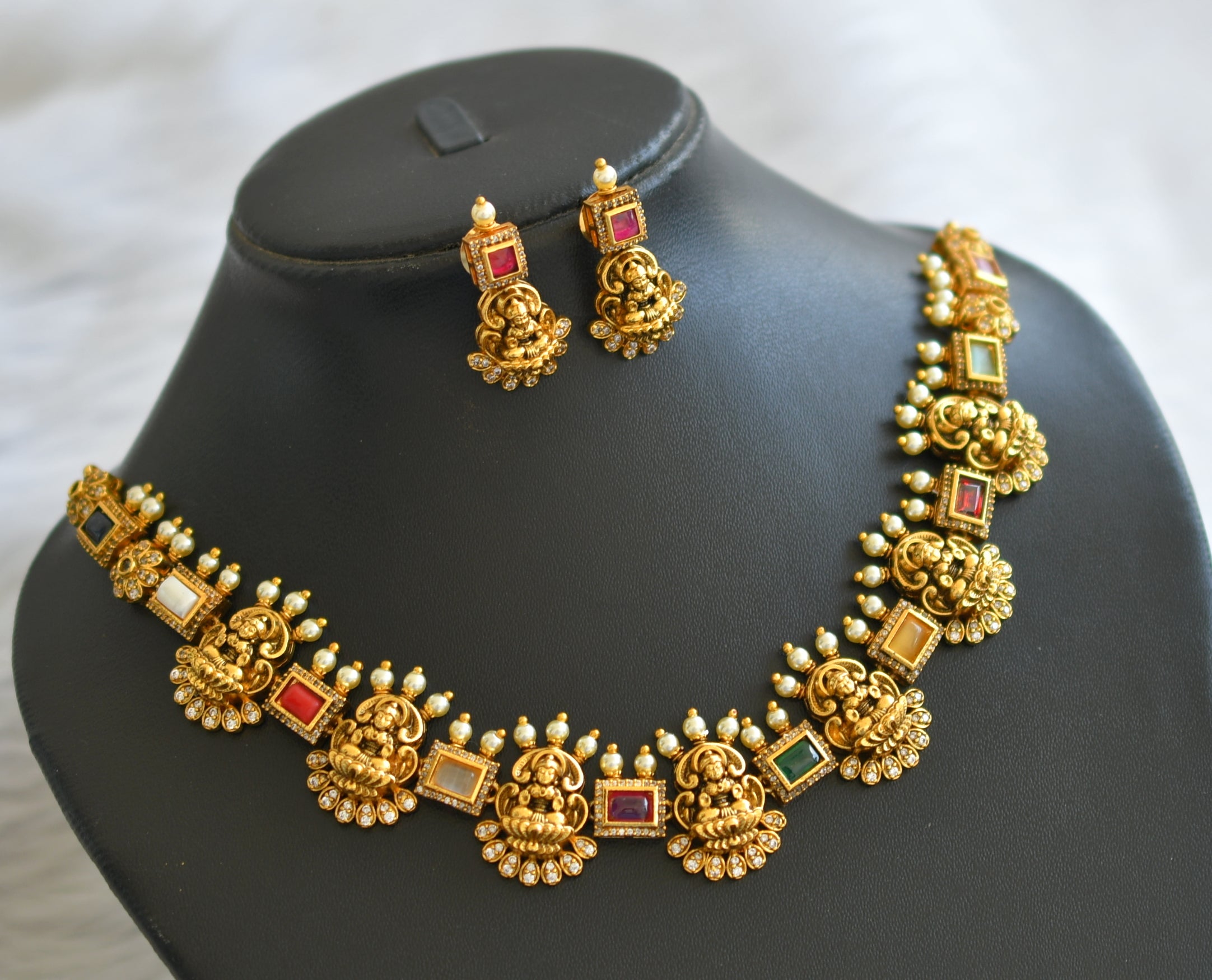 Antique gold tone navarathna block stone lakshmi necklace set dj-45907 ...