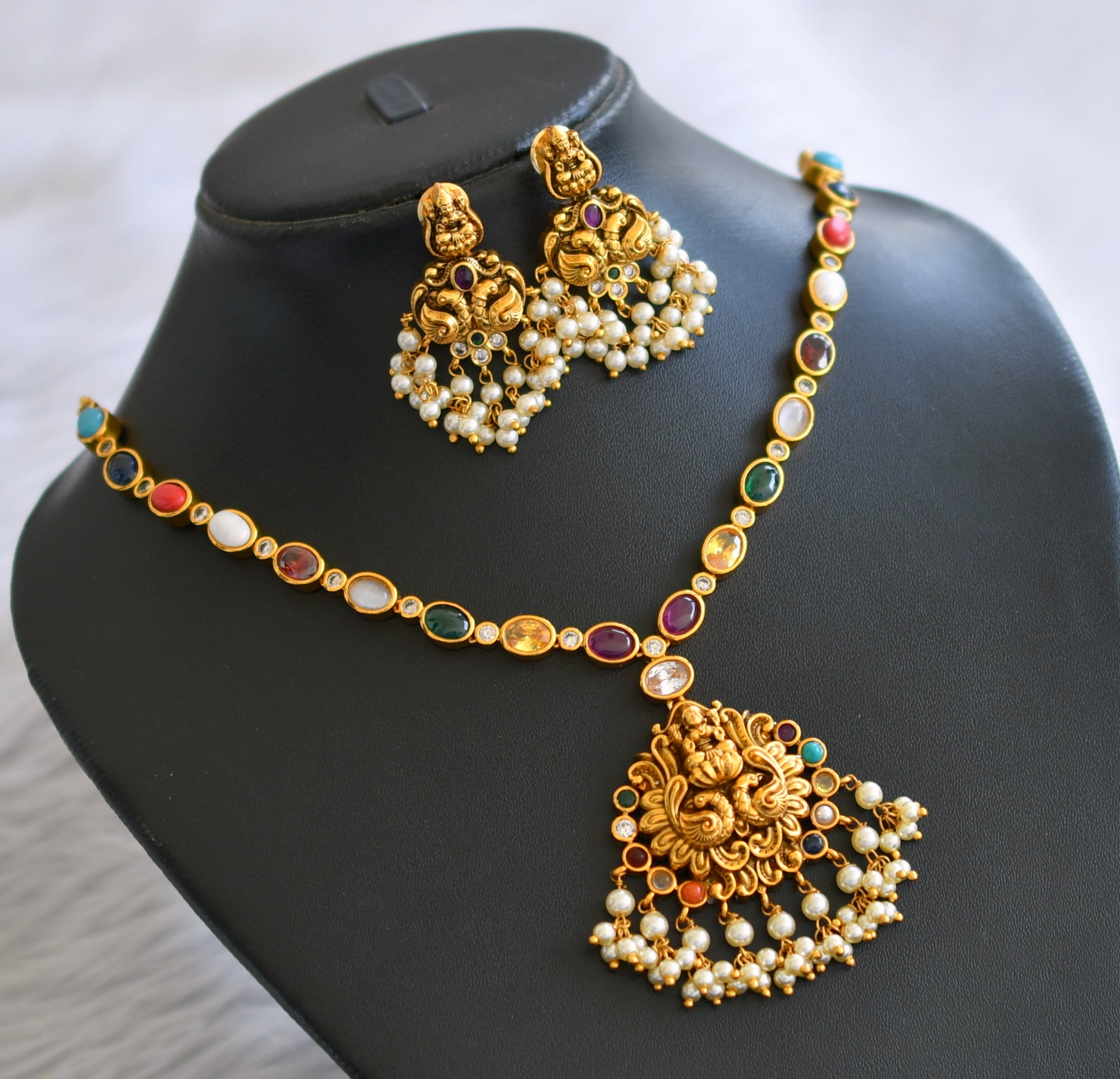 Antique gold tone navarathna oval stone lakshmi peacock necklace set d ...