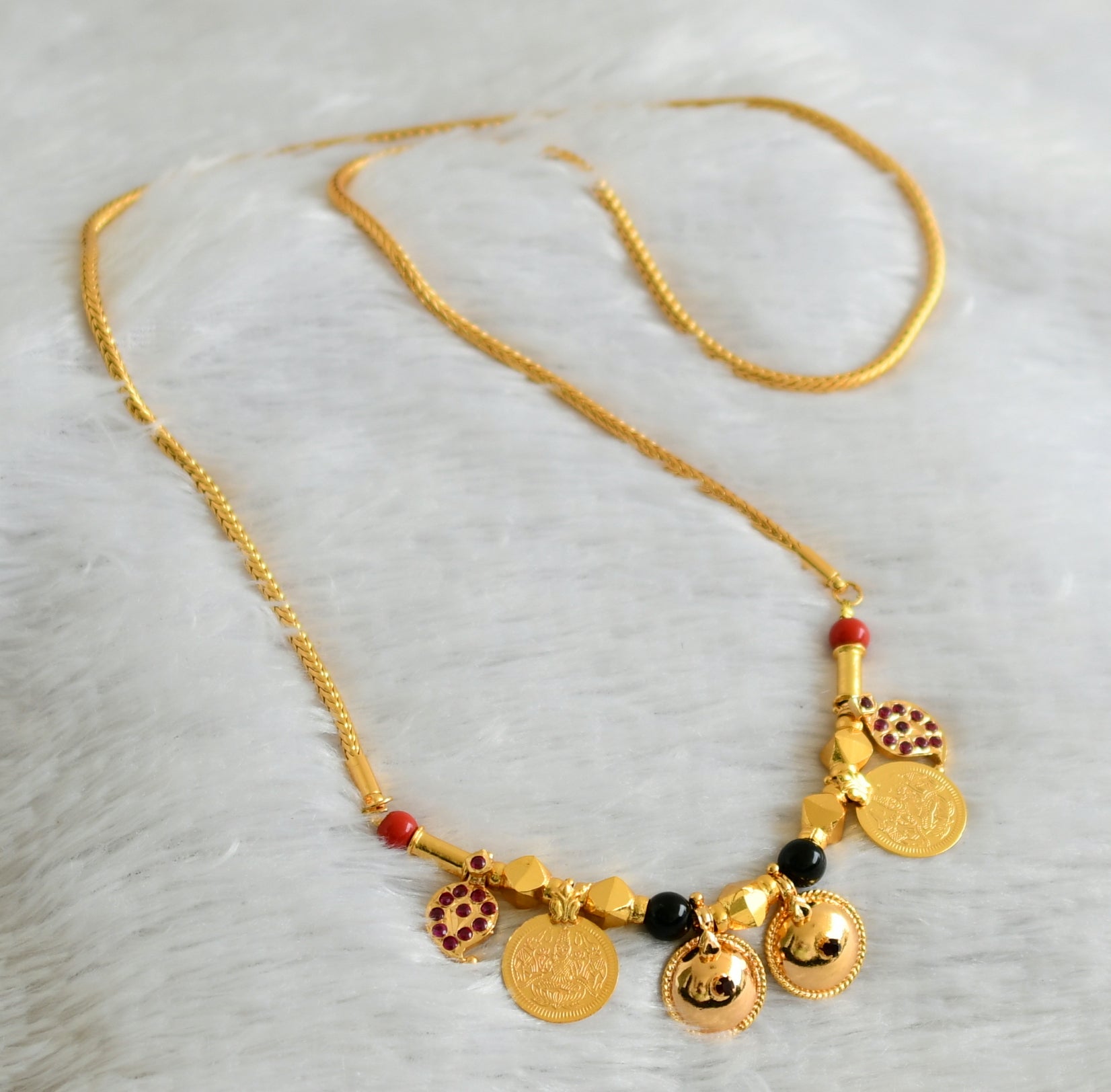 Gold tone 24 inches chain with coral-black bead pink stone mango laksh ...