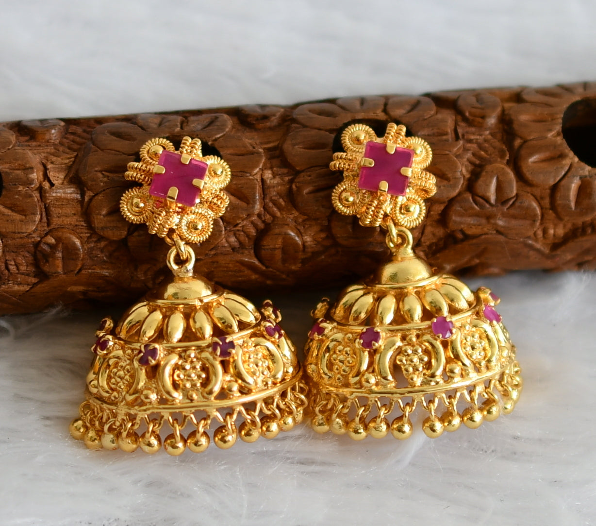 gold tone ruby block stone jhumkka dj-49415 – dreamjwell