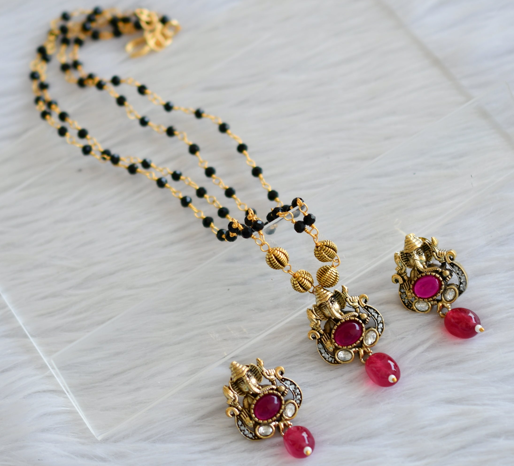 Antique black karimani chain with cz white-kemp ganesha victorian pend ...