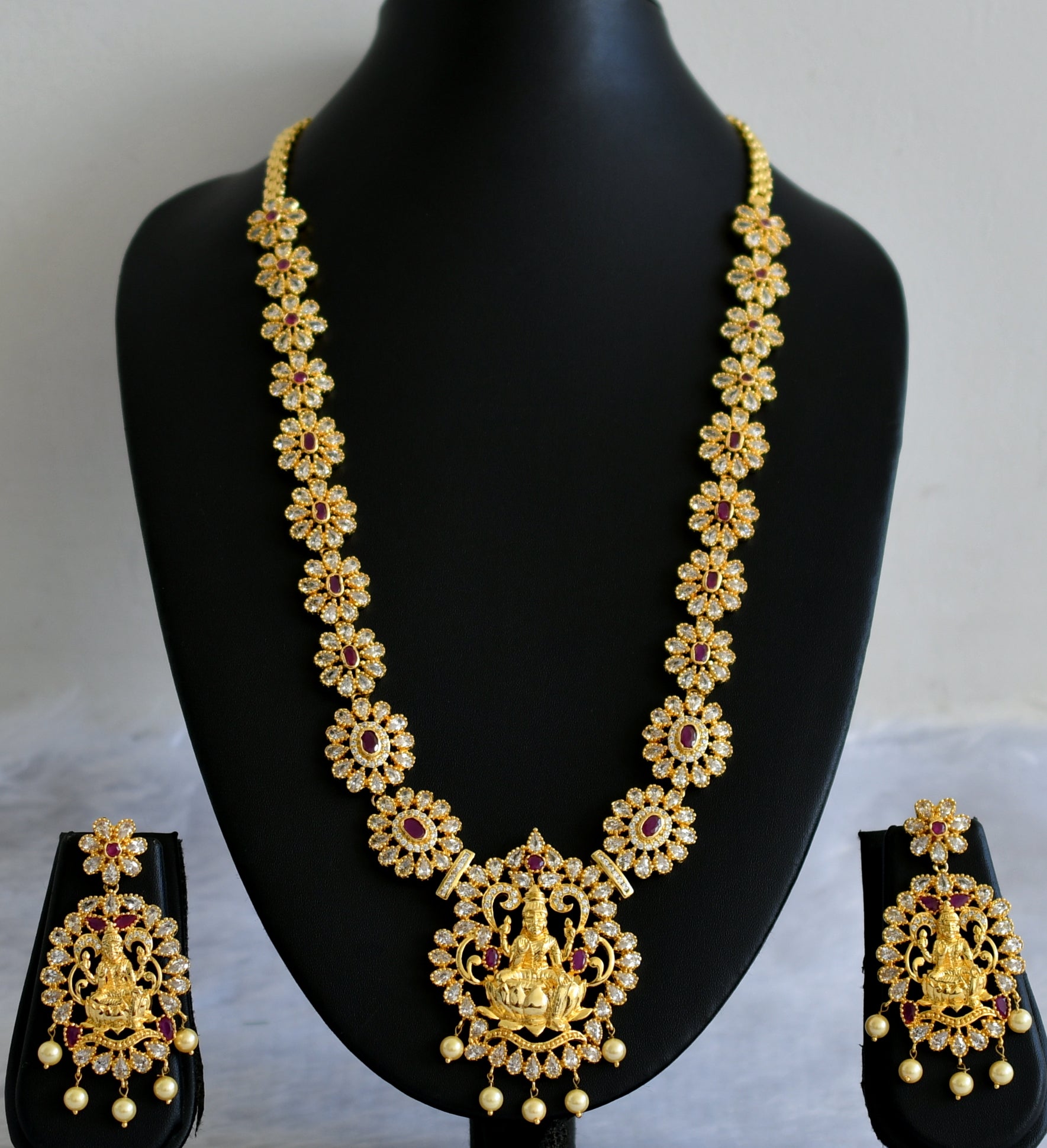 Gold tone cz ruby-white lakshmi flower haar set dj-47631 – dreamjwell