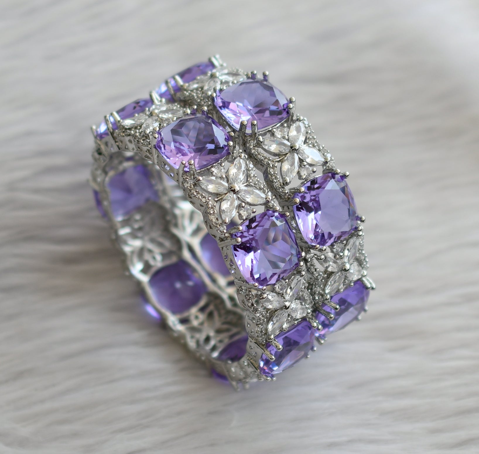 Silver tone cz purple-white square stone bangles(2.6) dj-46046 – dreamjwell
