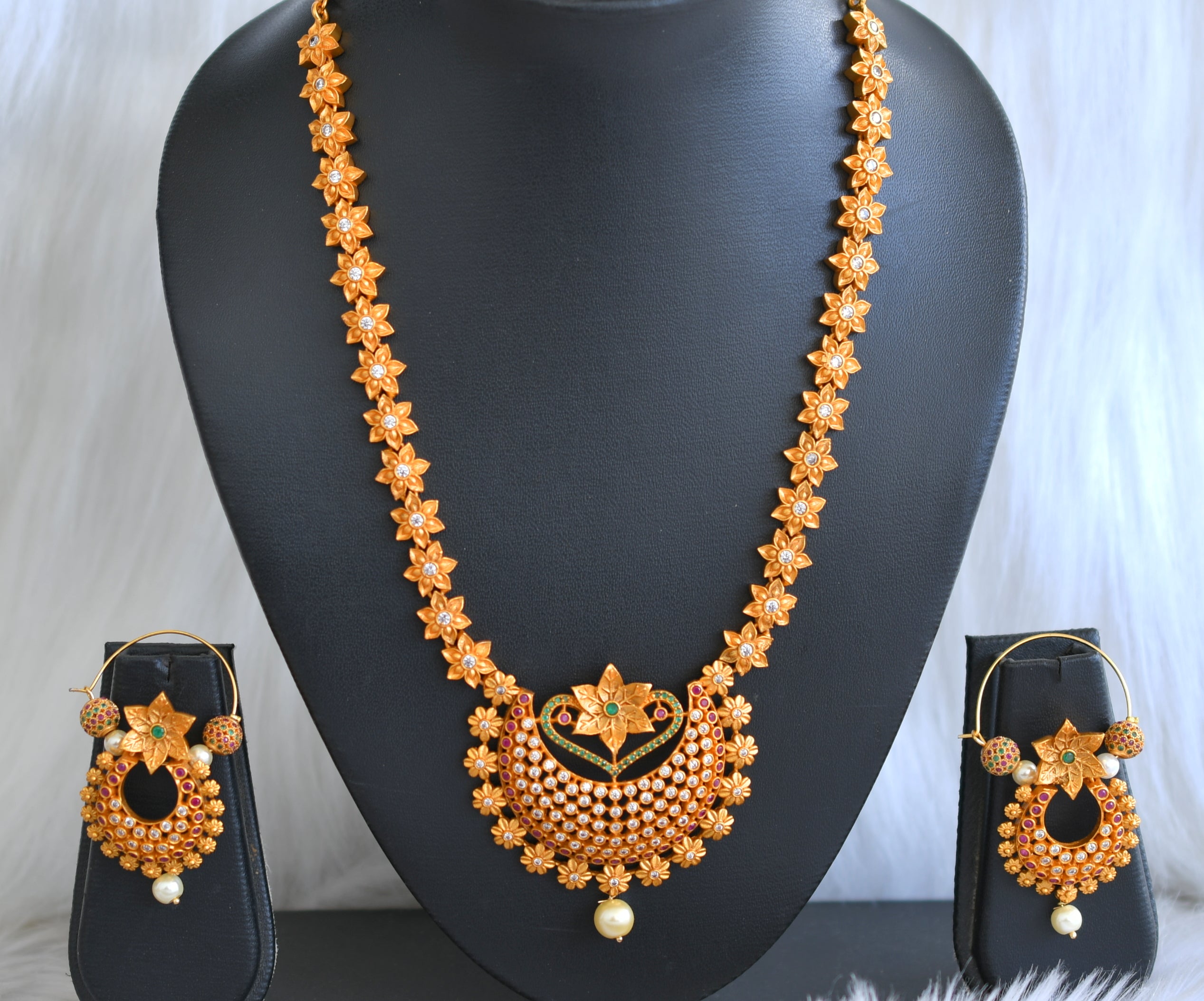 Matte finish cz ruby-green flower bali necklace set dj-42828 – dreamjwell