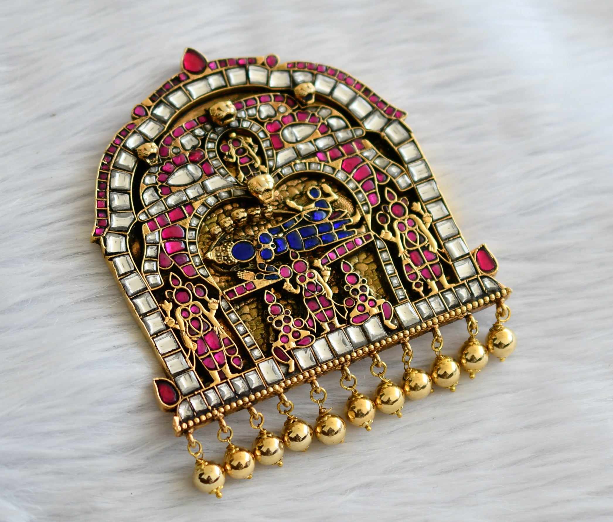 Antique gold tone pink-blue-white kundan jadau big Sri Ranganathar pen – dreamjwell