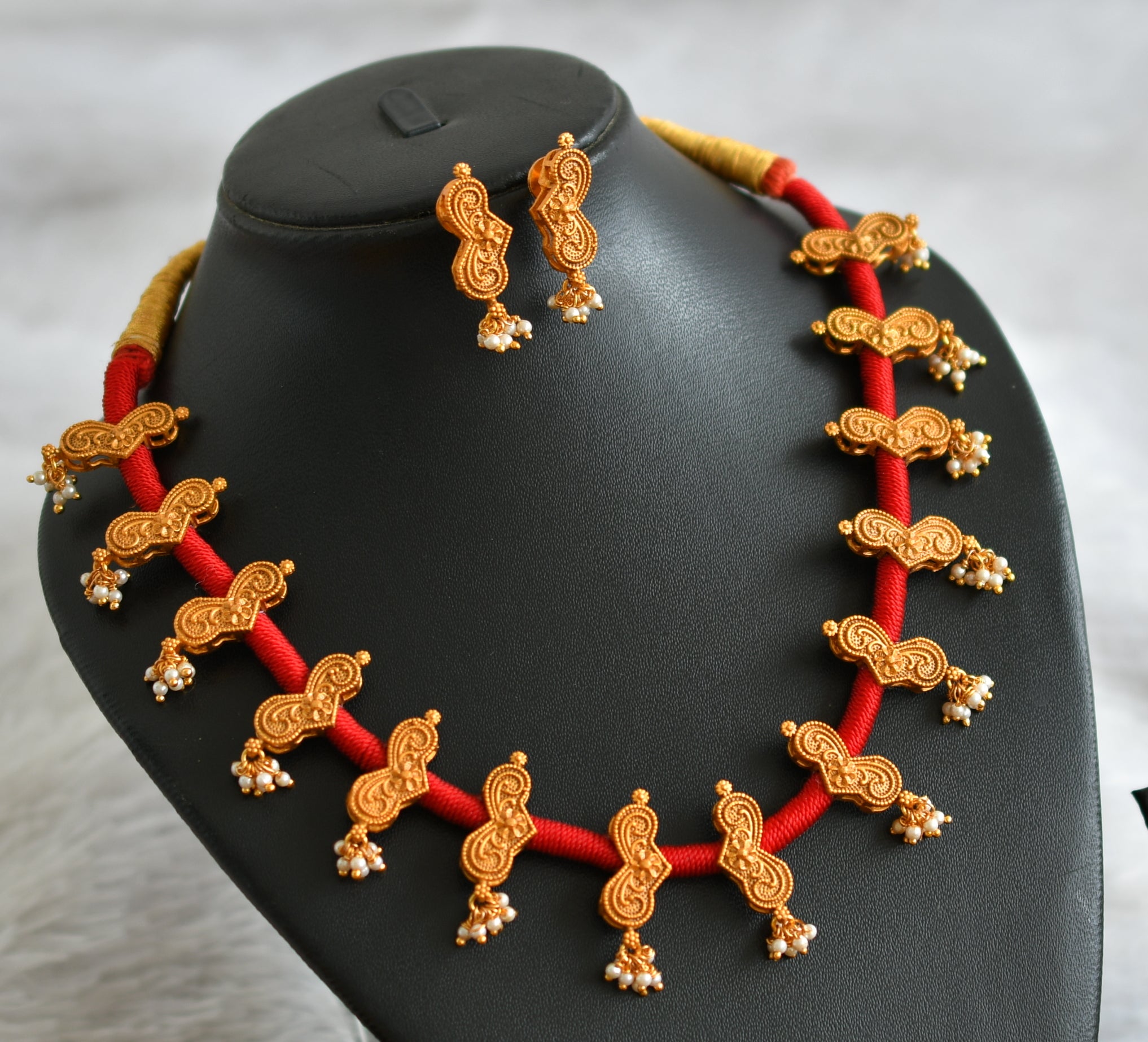 Matte finish red silk thread pearl cluster necklace set dj-47654 ...