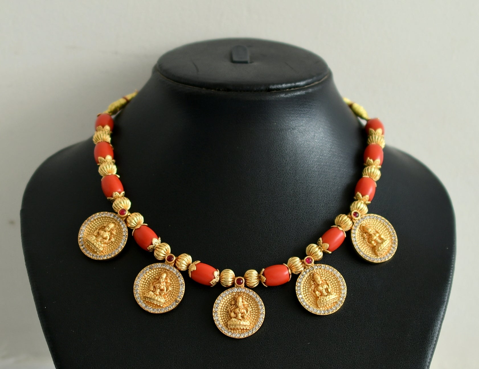 Matte finish kemp-white coral beaded lakshmi coin necklace dj-49529 ...