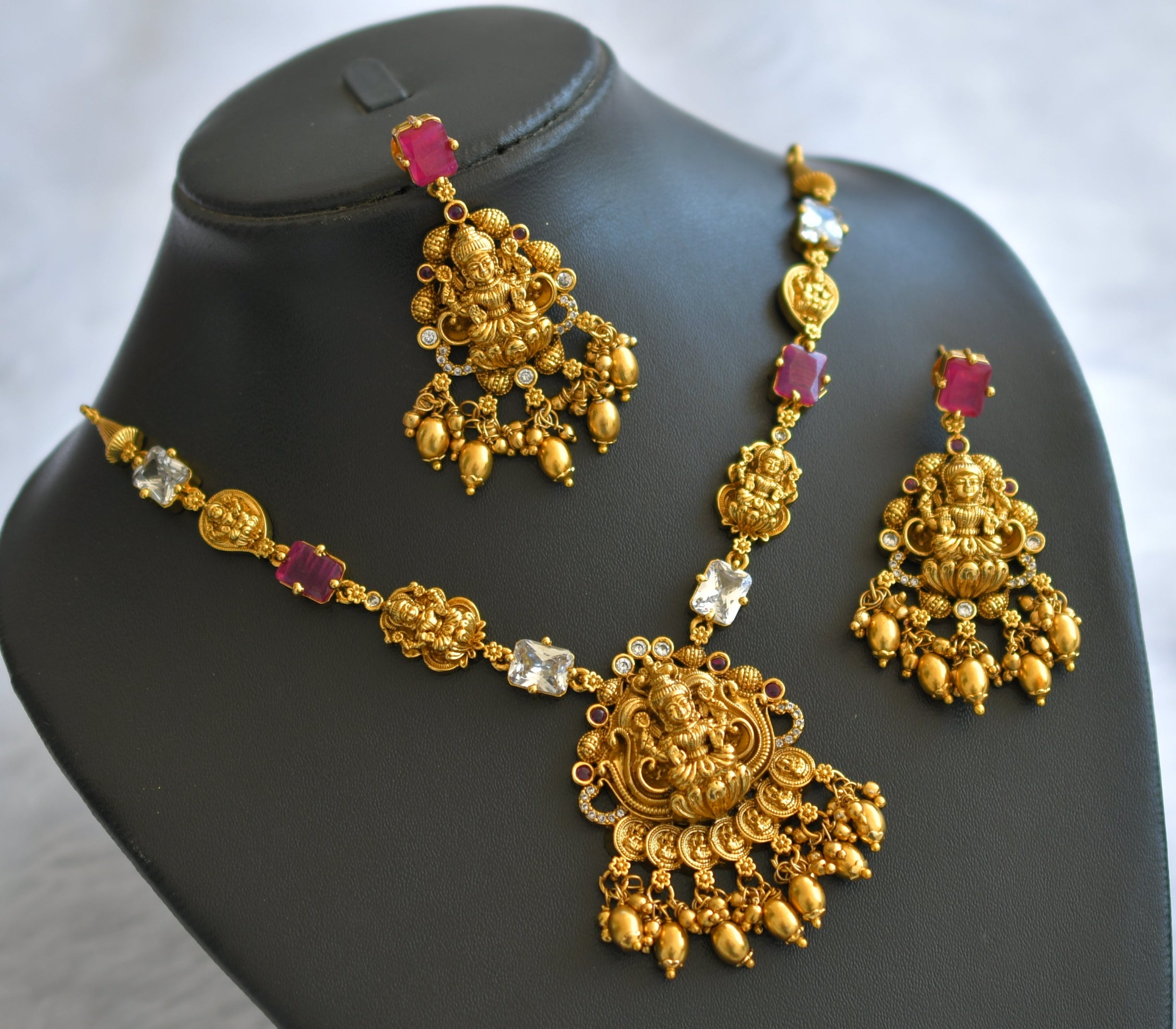 Antique gold tone ruby-white block stone lakshmi mango necklace set dj ...