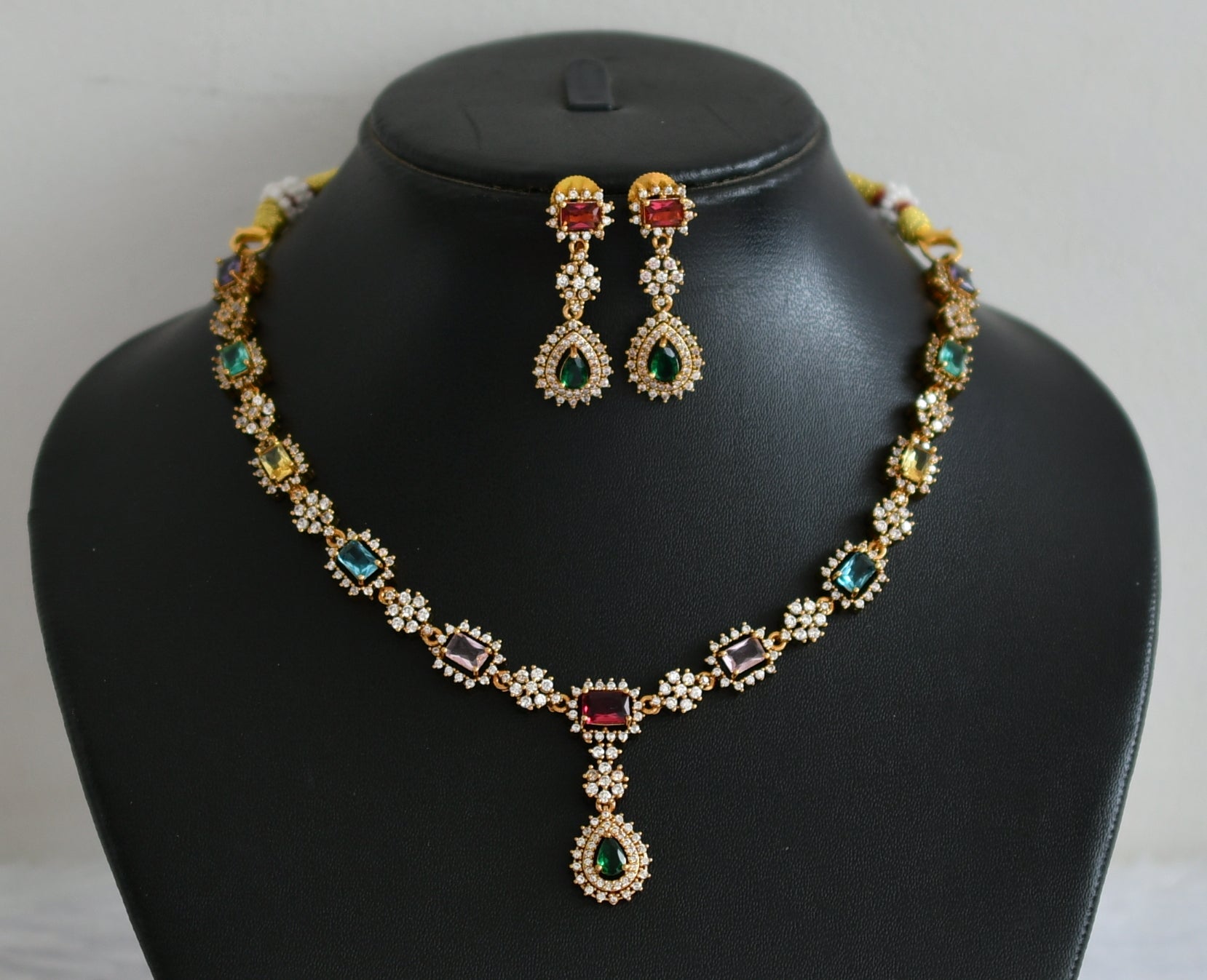 Matte finish cz-multi color block stone necklace set dj-49723 – dreamjwell